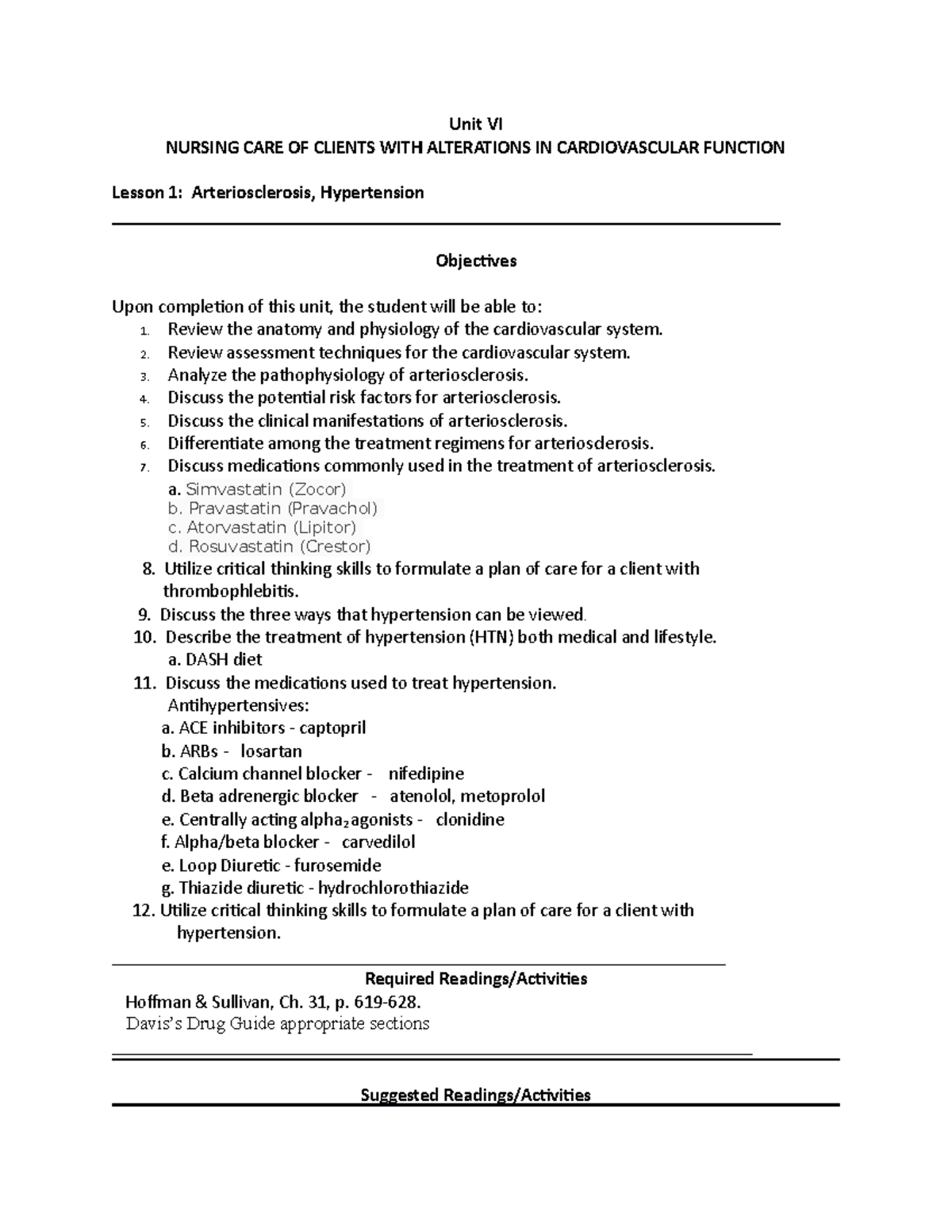 Cardio 2021 Lesson Objectives - Unit VI NURSING CARE OF CLIENTS WITH ...