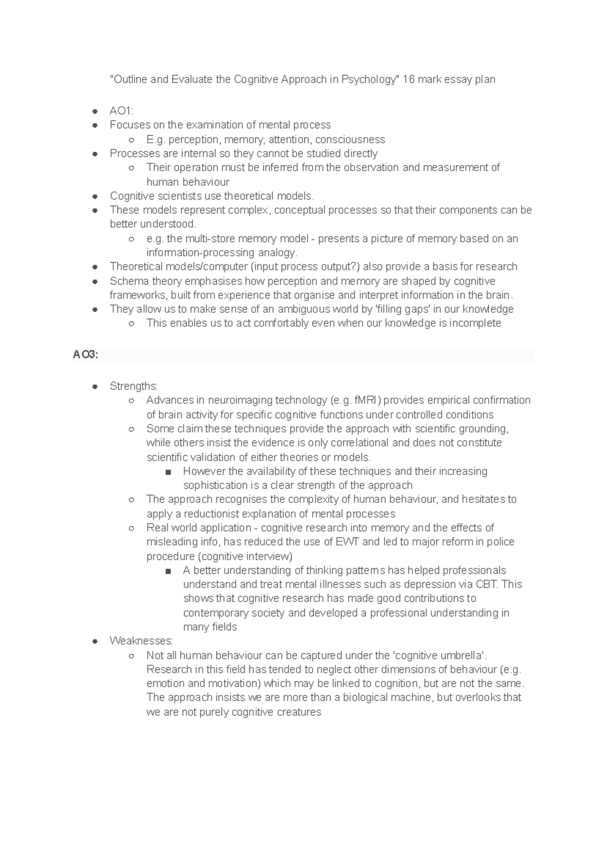 Cognitive approach - essay plan - "Outline and Evaluate the Cognitive ...