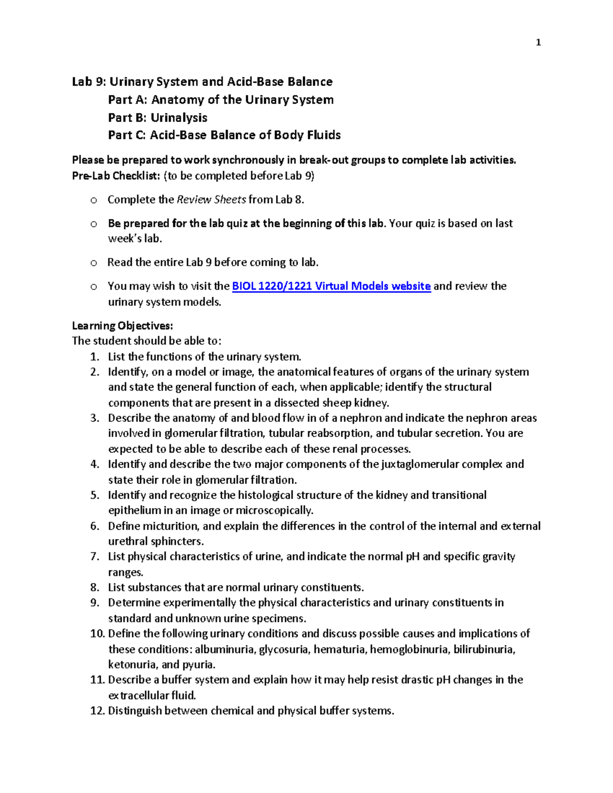 Lab 9 - Urinary and Acid Base F22 - Lab 9: Urinary System and Acid-Base Balance Part A: Anatomy ...
