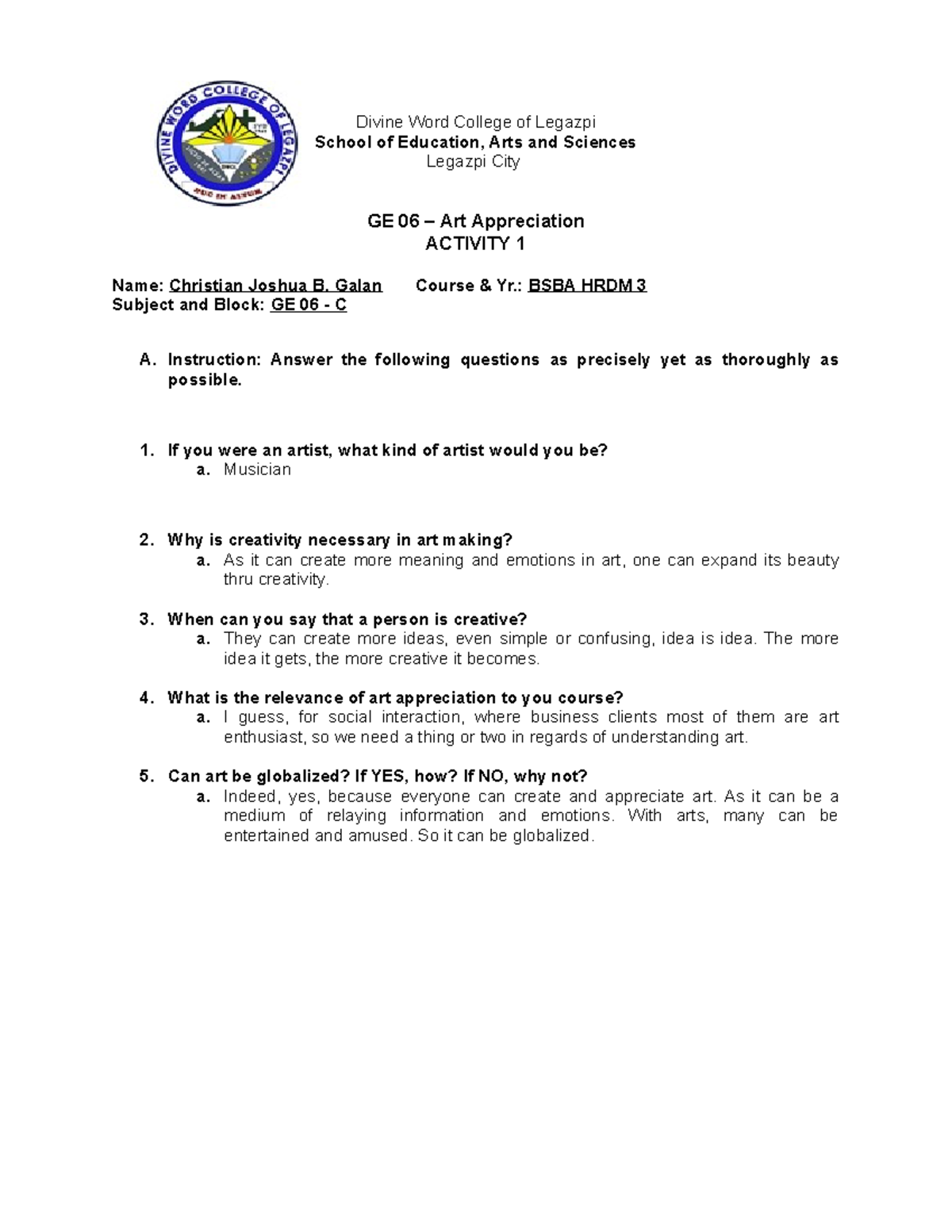 GE 06 - Activity 1 (Tutorial Work) - Understanding the Self - DWCL ...