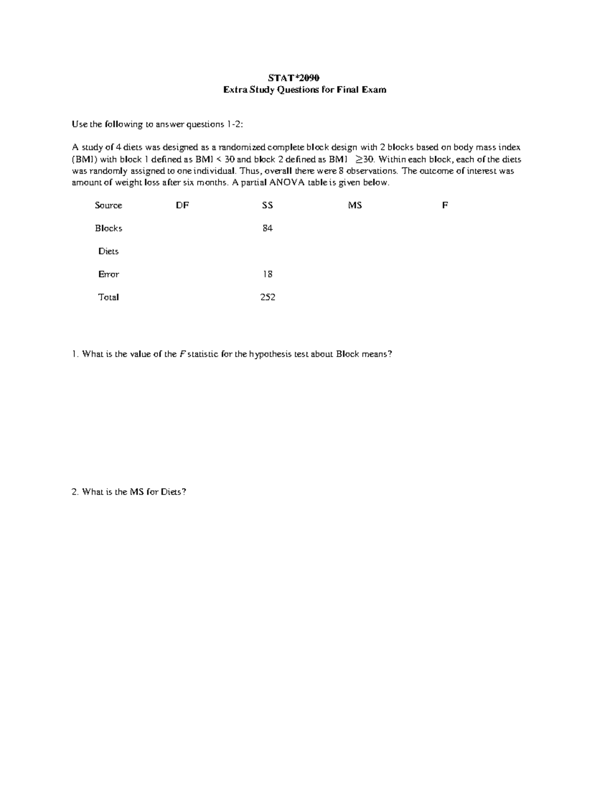 ST2090 Extra Review Questions - STAT*2090 W Extra Study Questions for ...