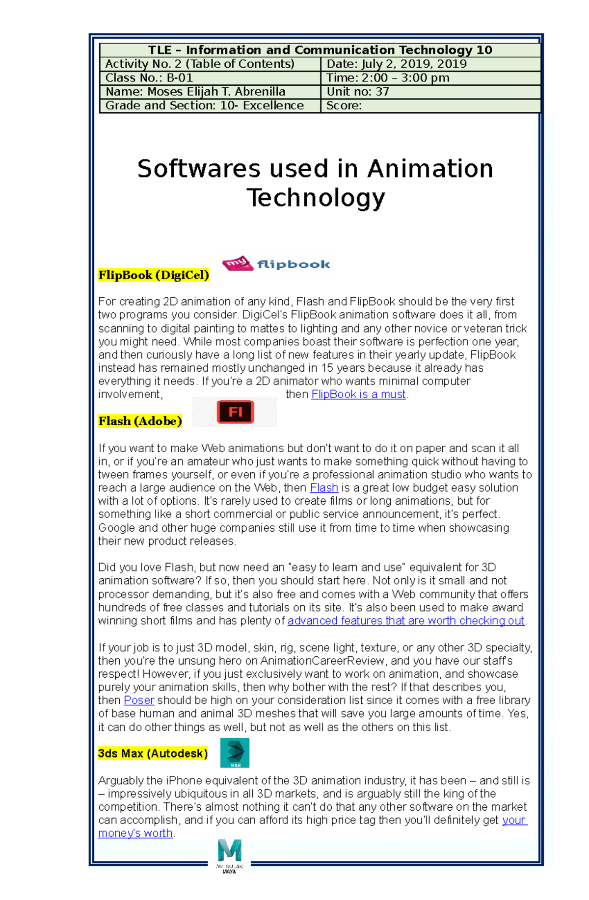 Act. 3 - Computer activity - Softwares used in Animation Technology ...