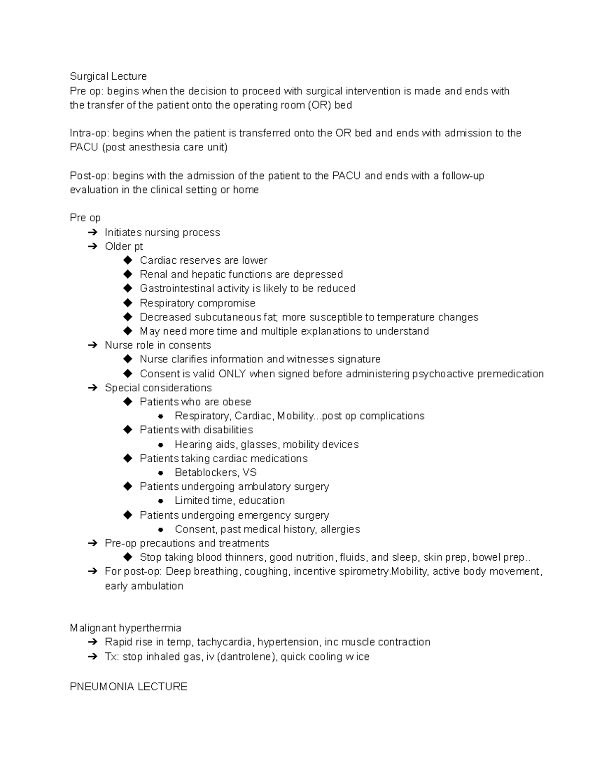 Med Surg 1 Exam - voice overs - Surgical Lecture Pre op: begins when ...