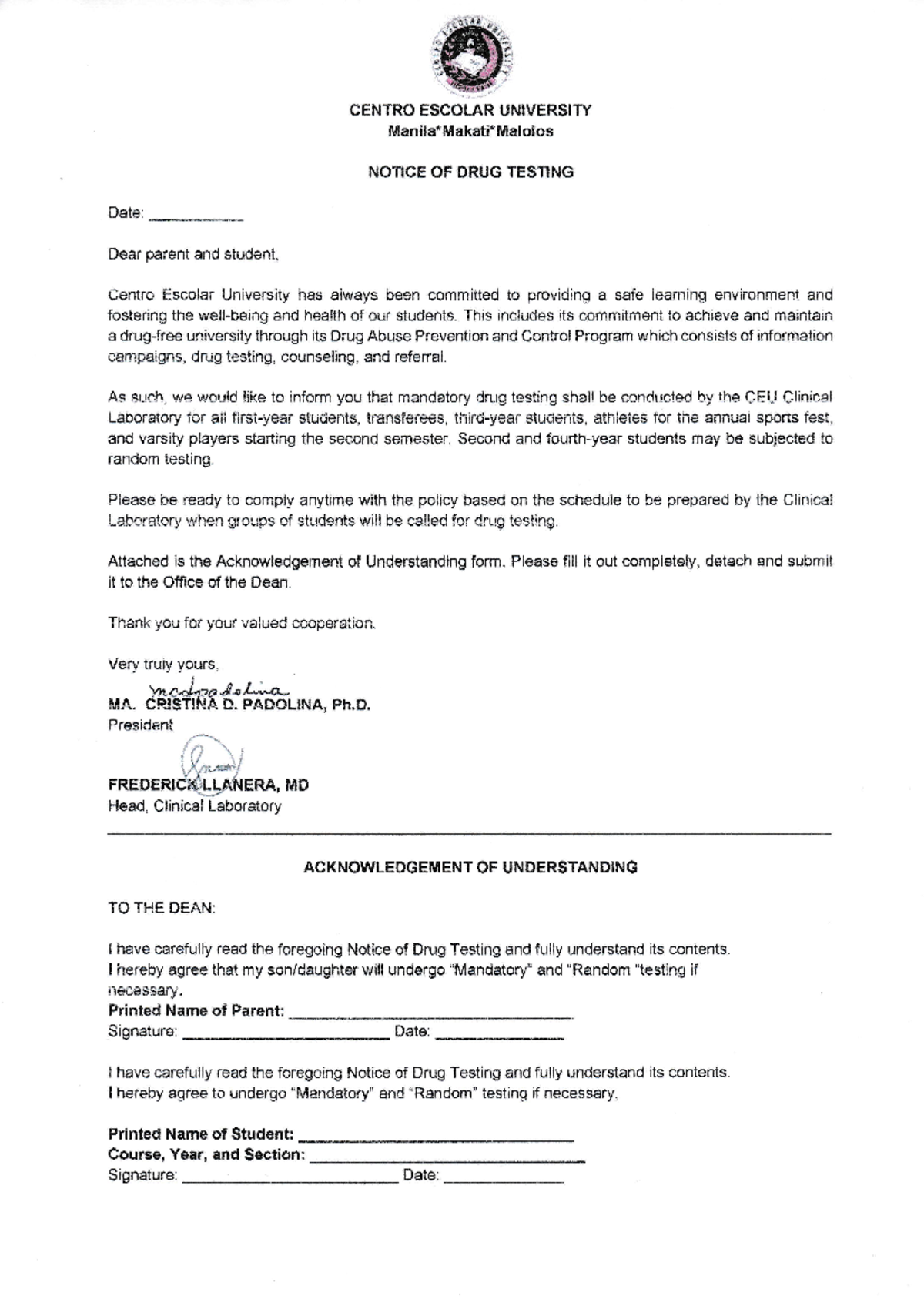 Notice of Drug Testing signed by President and Dr - Cellular and ...