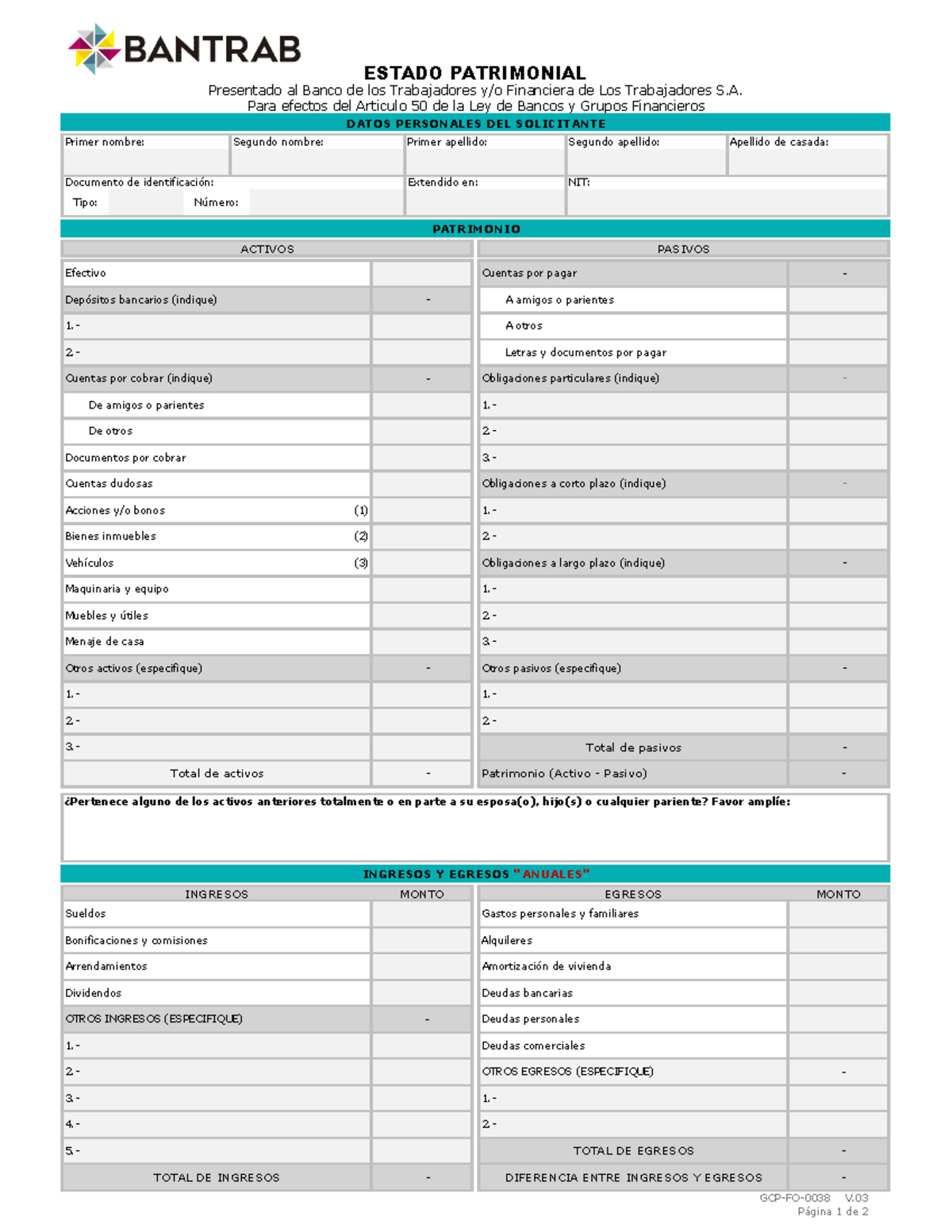 Estado Patrimonial PDF - ESTADO PATRIMONIAL Presentado al Banco de los ...