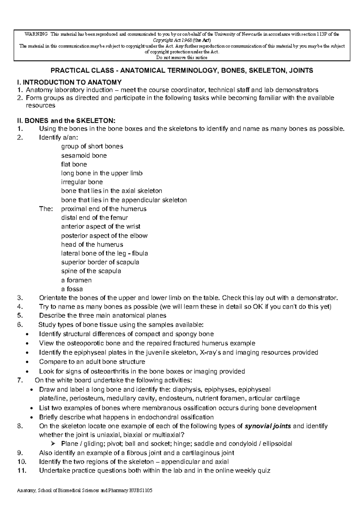 Lab objectives week 1 HUBS1105 - Anatomy, School of Biomedical Sciences ...