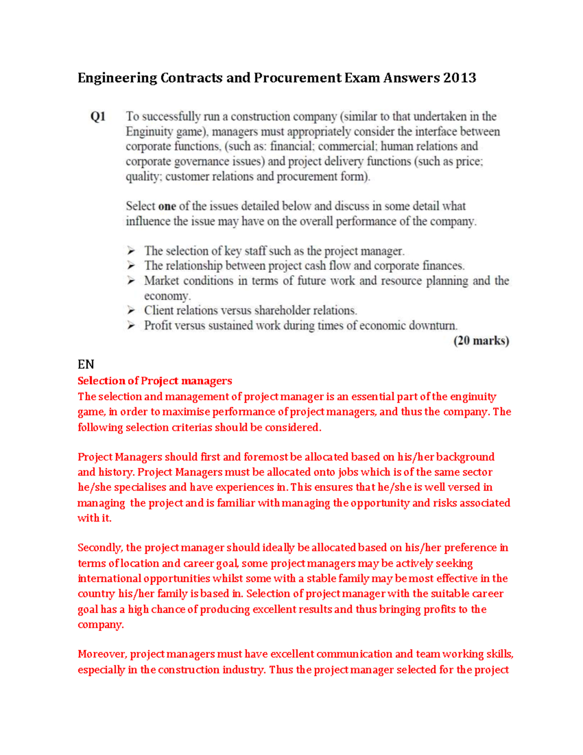 Exam 19 November 2013, questions and answers - Engineering Contracts ...
