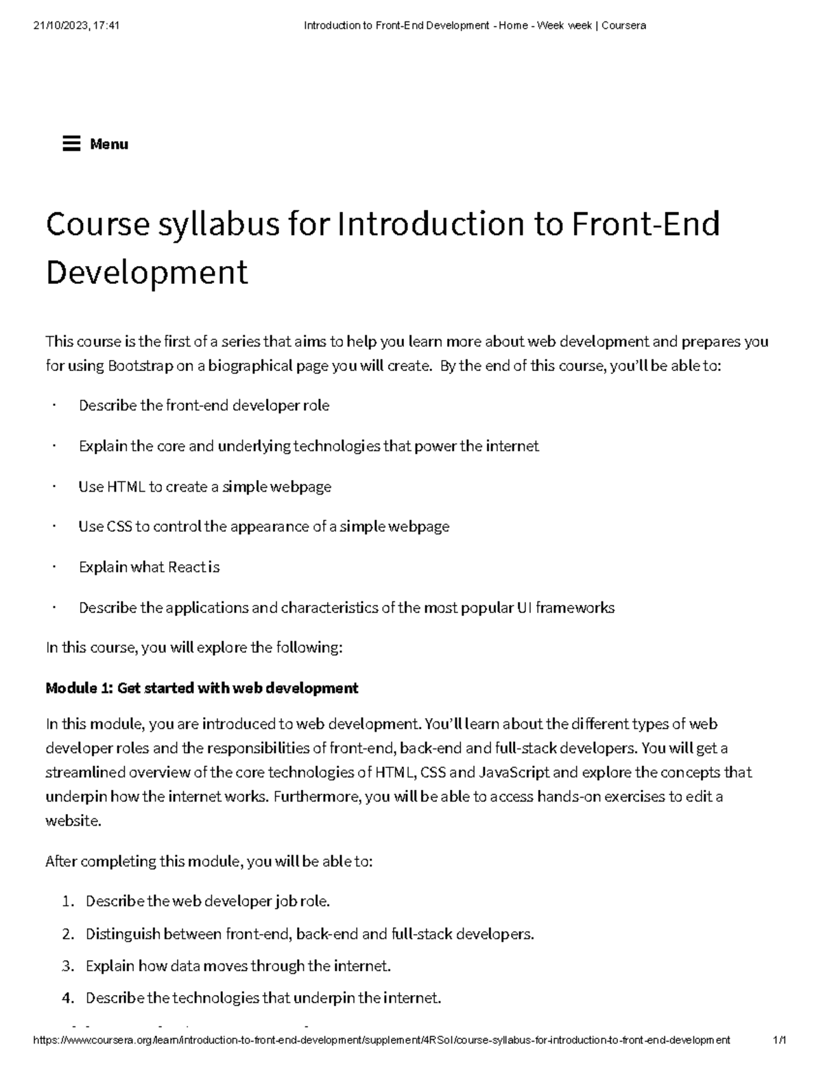Introduction to Front-End Development - Home - Week week Coursera - By the end of this course ...
