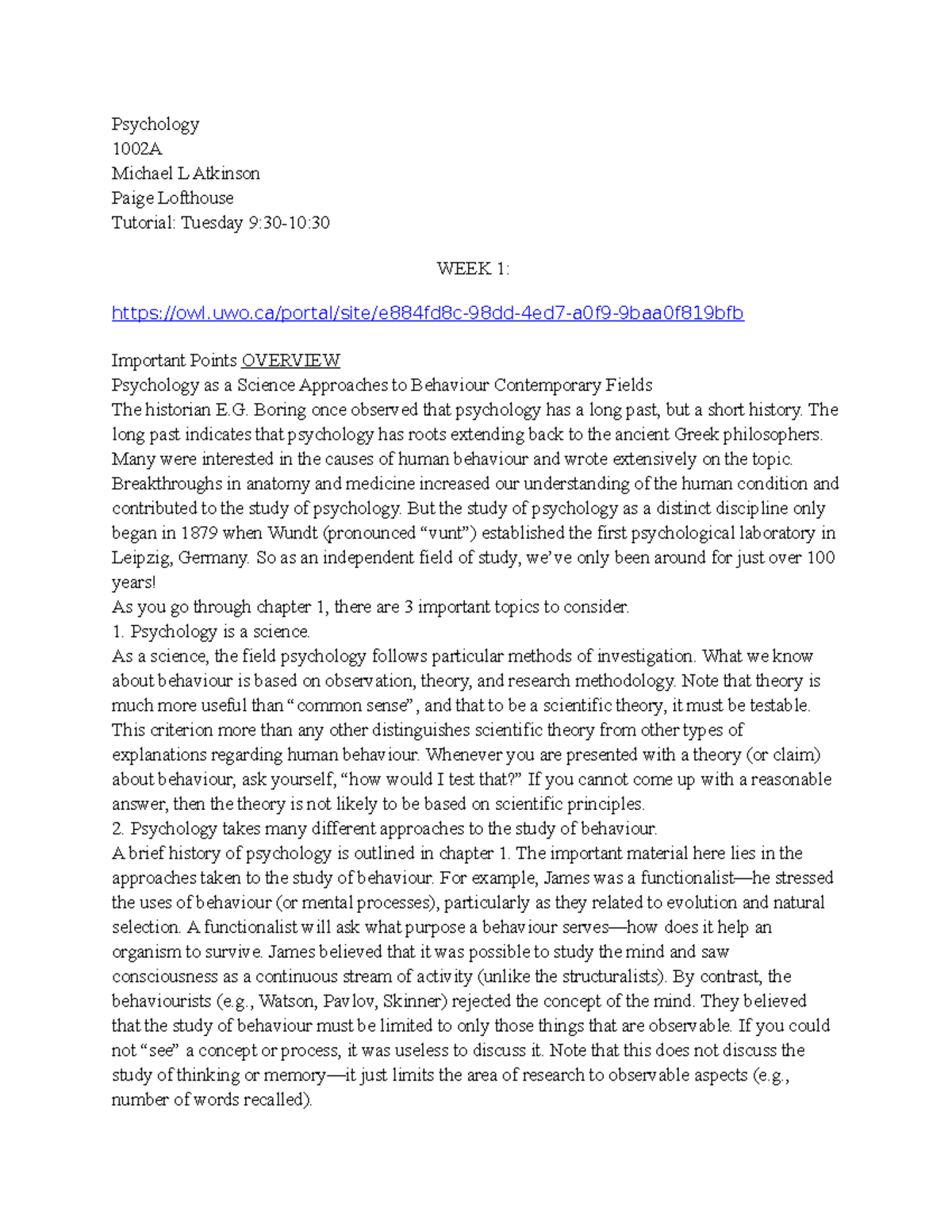 Psychology Notes - Psychology 1002A Michael L Atkinson Paige Lofthouse ...