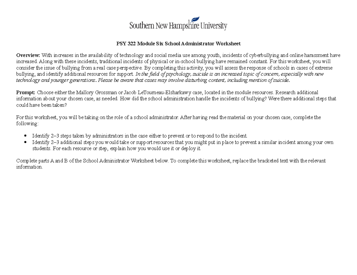 PSY 322 Module Six School Administrator Worksheet - PSY 322 Module Six School Administrator ...