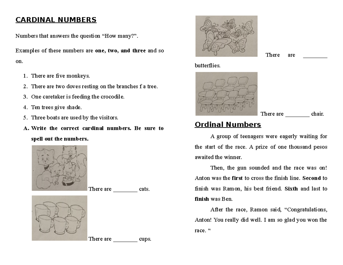 Cardinal Numbers - for study - CARDINAL NUMBERS Numbers that answers ...