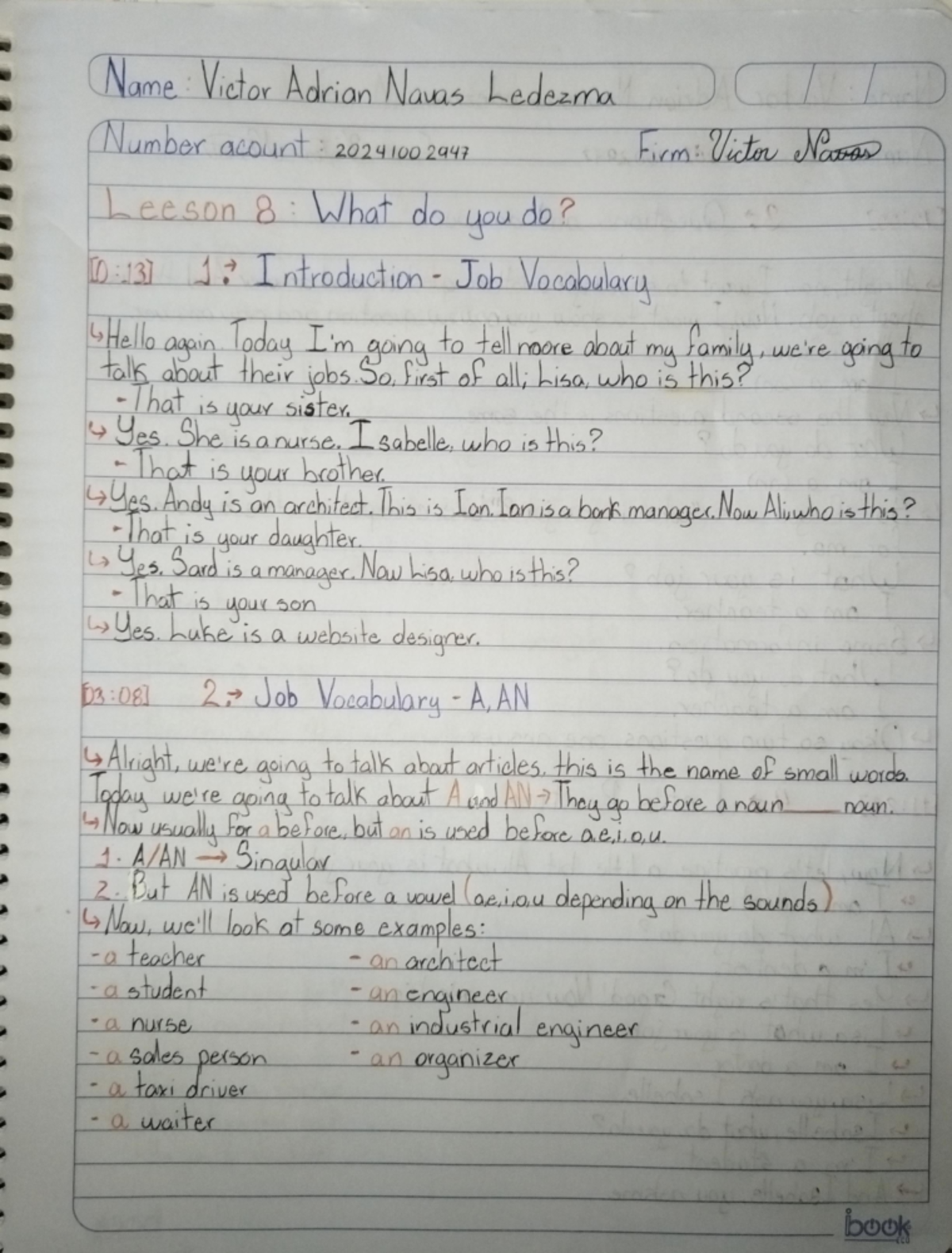 Actividad 29 - Toma de notas. Lección 8: What do you do? - Name Victor ...