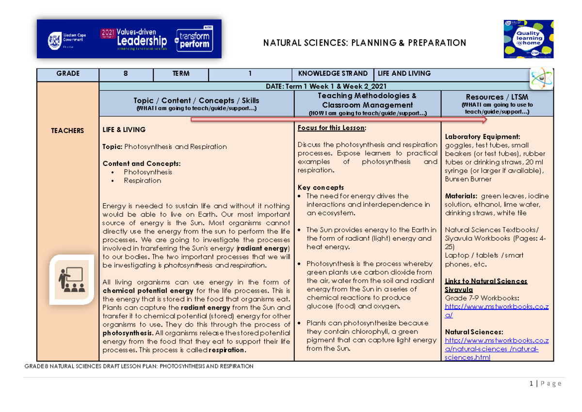 Lesson Plan Gr 8 Natural Sciences T1 W1&2 - GRADE 8 NATURAL SCIENCES DRAFT LESSON PLAN: - Studocu