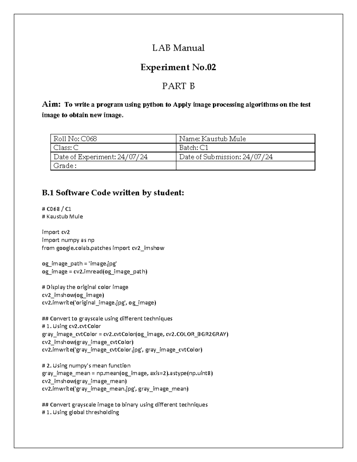 C068 Lab 2 IVP - lab file - LAB Manual Experiment No. PART B Aim: To write a program using ...