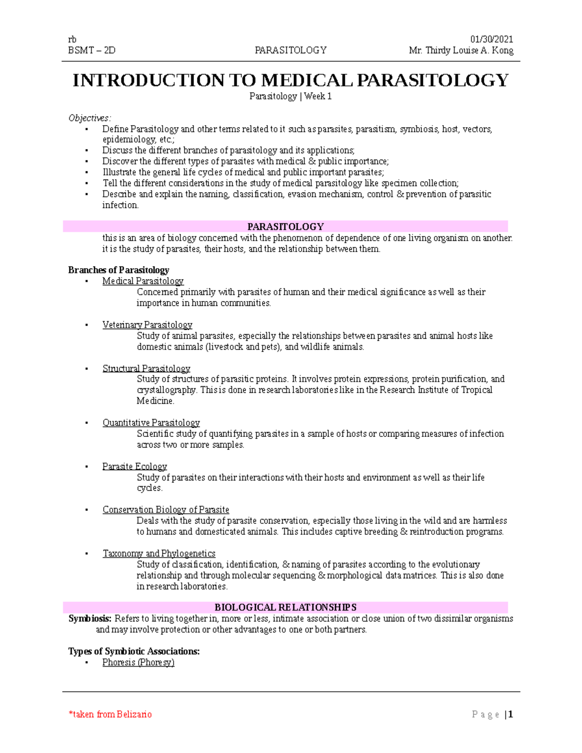 PARA Week 1 Introduction to Parasitology - INTRODUCTION TO MEDICAL ...