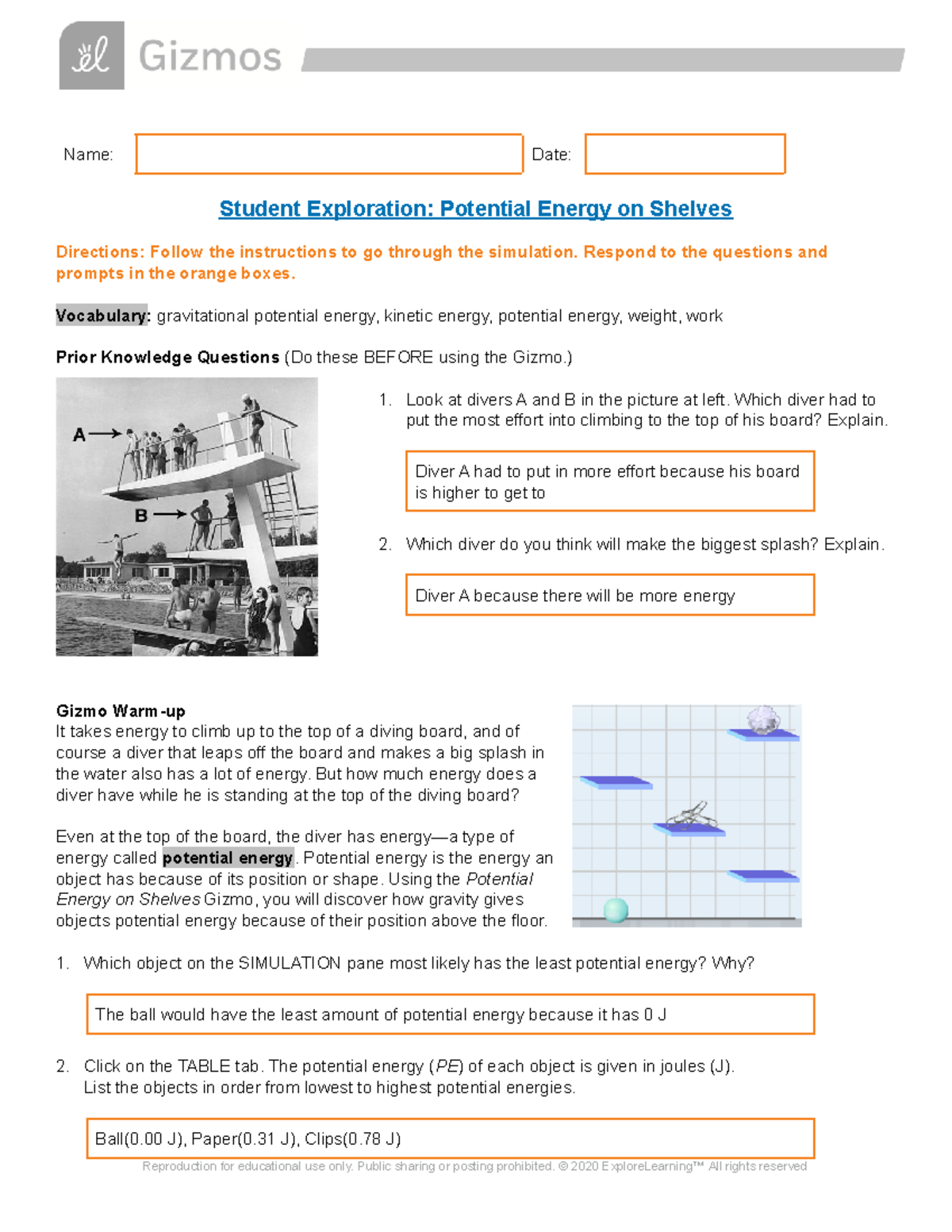 Potential Energy Shelves SE - Name: Date: Student Exploration ...