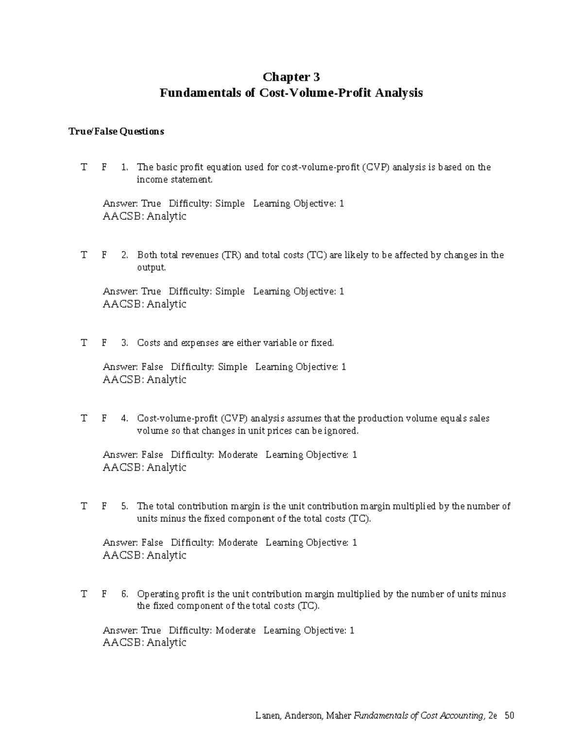 Chap 3 Test Bank - Cvp analysis - Chapter 3 Fundamentals of Cost-Volume ...