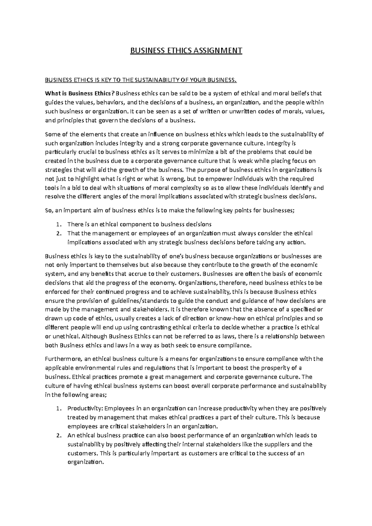 Business Ethics Practice Assignment - BUSINESS ETHICS ASSIGNMENT ...