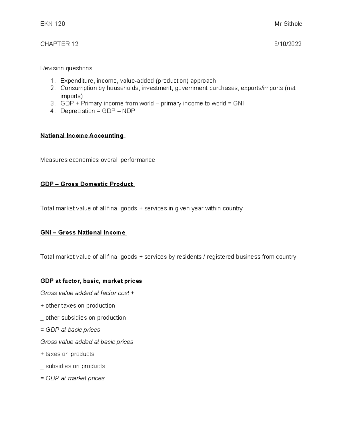 EKN Chapter 12 notes - Summary Economics - EKN 120 Mr Sithole CHAPTER ...