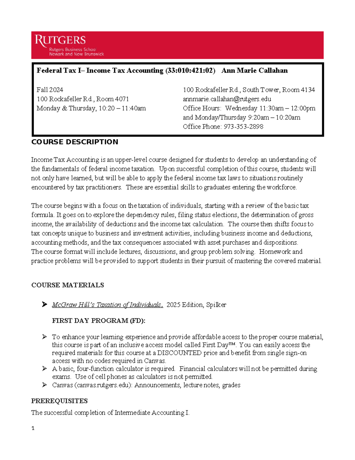 Federal Income Tax I - Income Tax Acounting 33-010-421-02 - COURSE ...