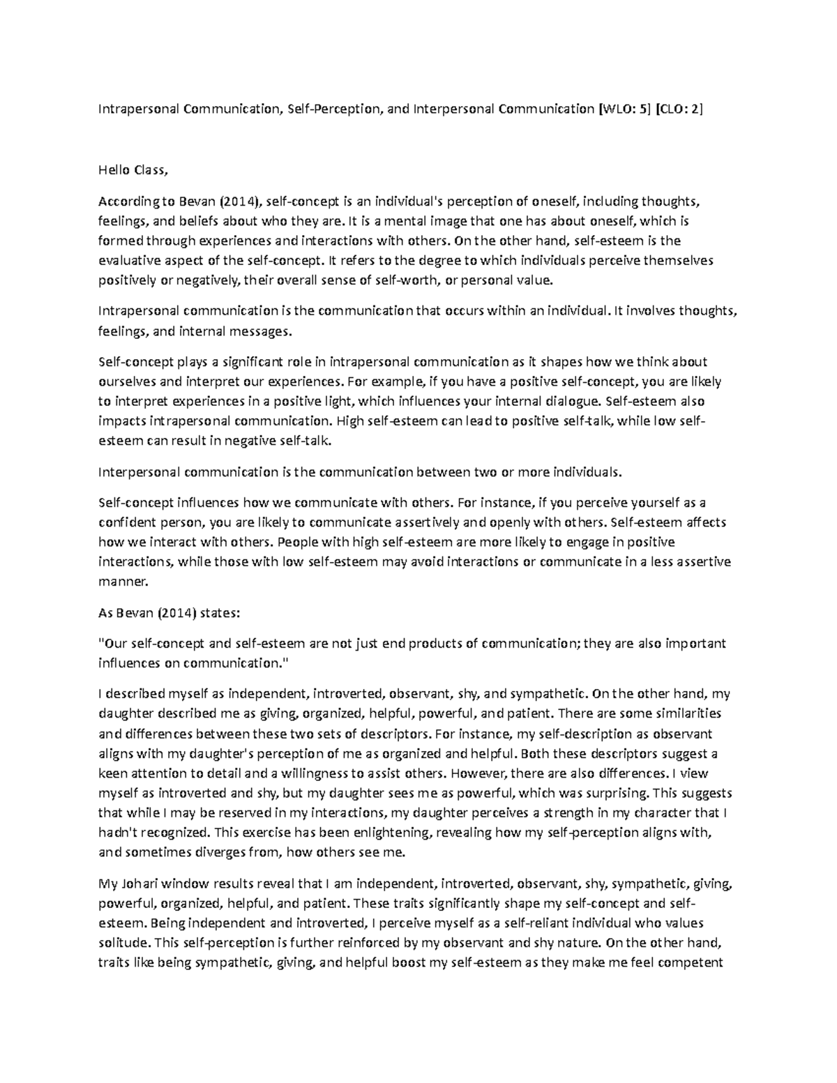 COM200 Week 1 Discussion Forum - Intrapersonal Communication, Self ...