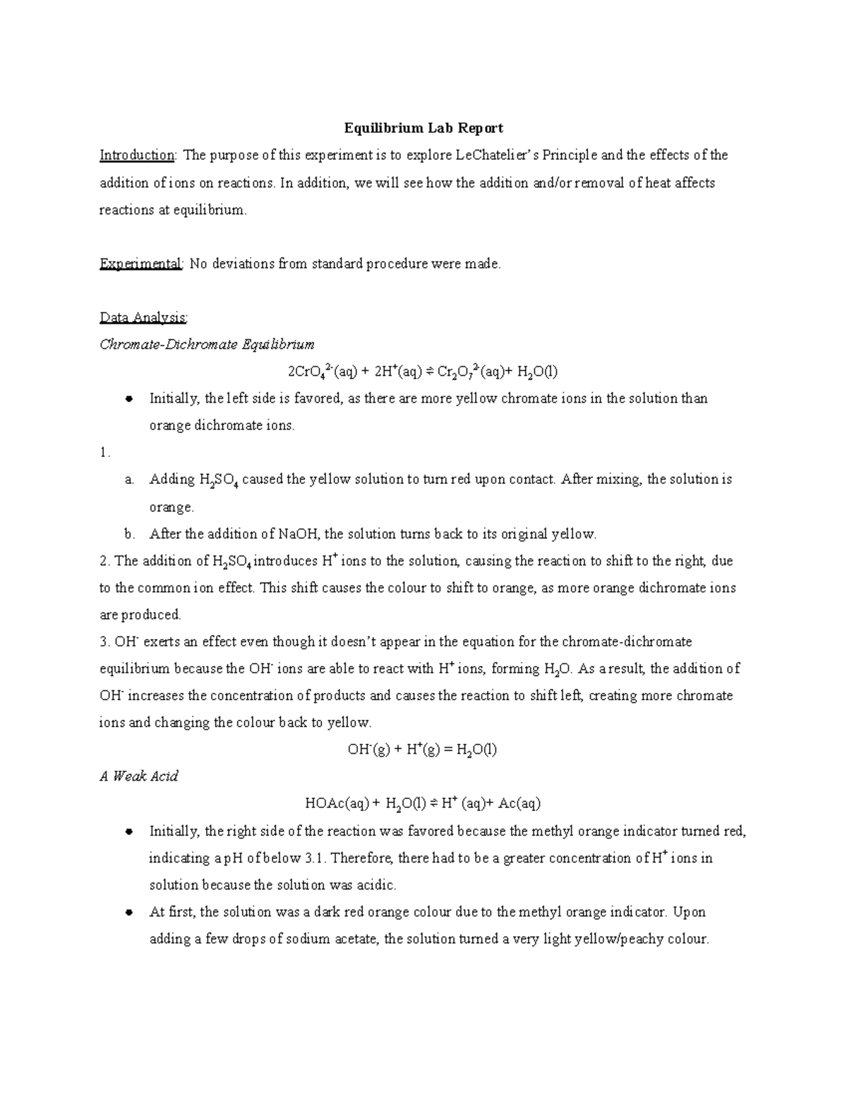 Equilibrium Lab - In addition, we will see how the addition and/or ...