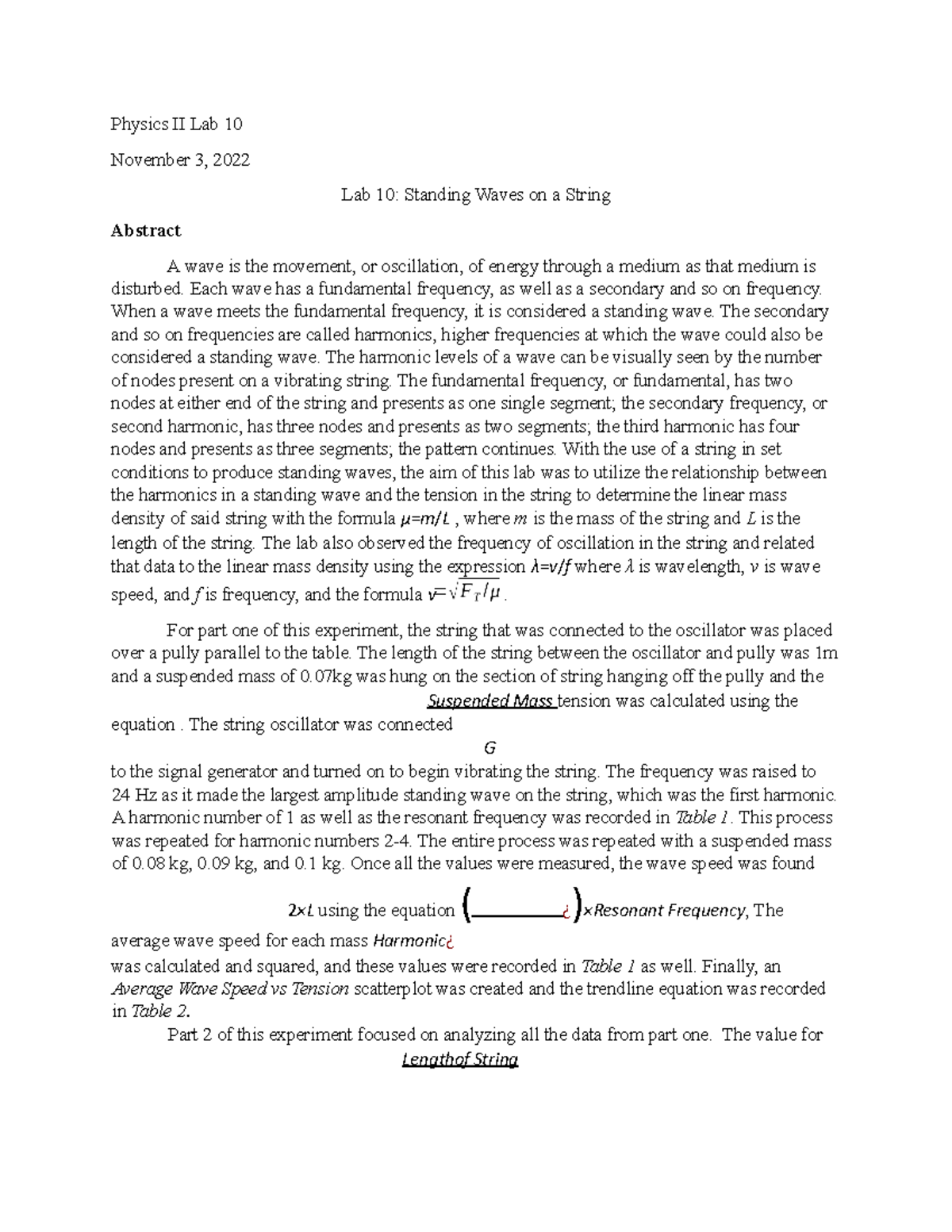 Physics Lab 10 Report - Physics II Lab 10 November 3, 2022 Lab 10 ...