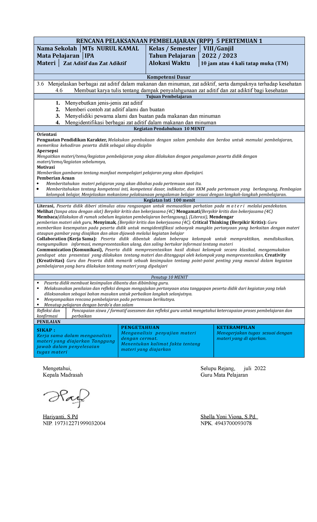 10. RPP 5 Zat Aditif dan Zat Adiktif - Nama Sekolah │MTs NURUL KAMAL Mata Pelajaran │IPA Materi ...