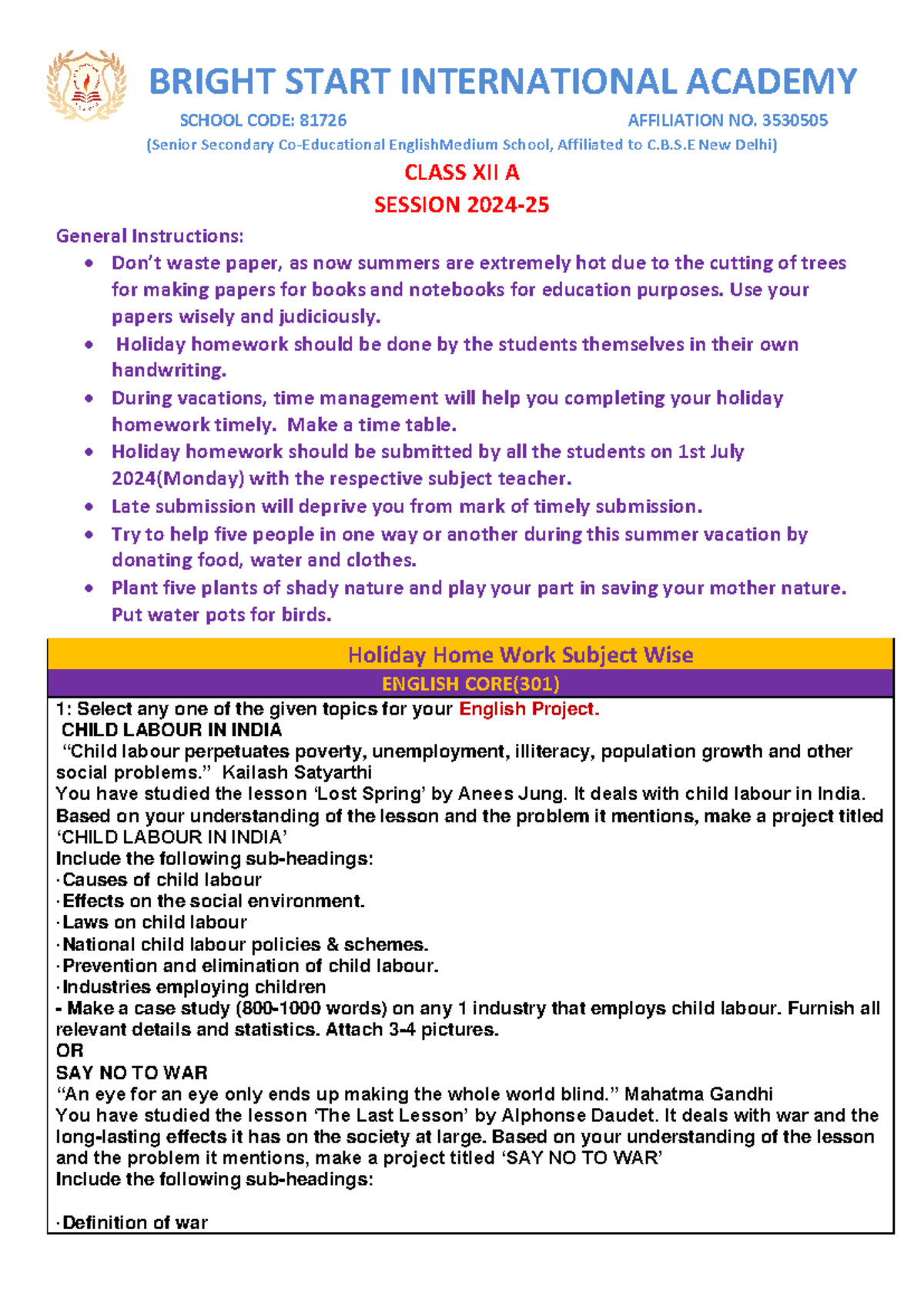 'Xll A Holiday Home - BRIGHT START INTERNATIONAL ACADEMY SCHOOL CODE: 81726 AFFILIATION NO ...