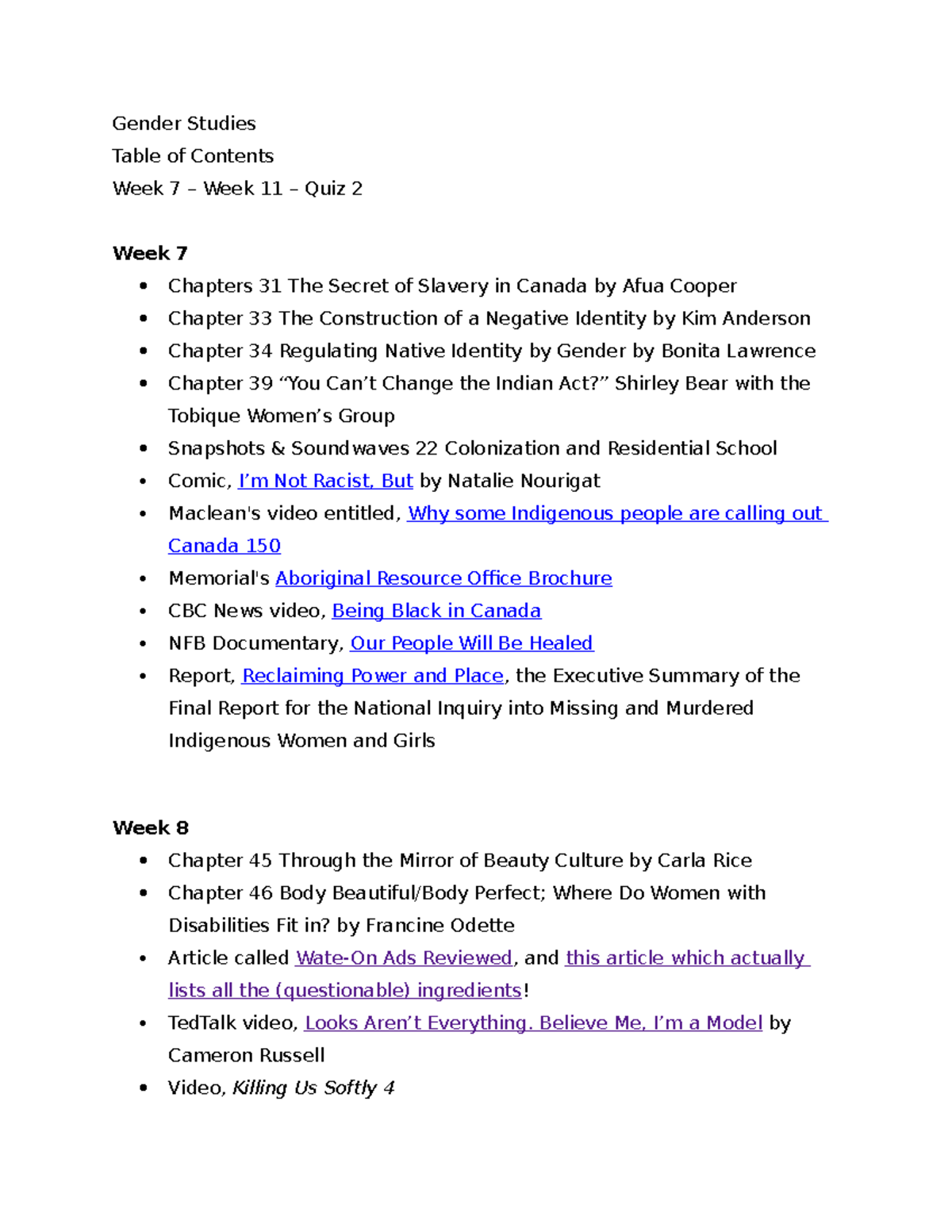 Gender studies Week 7-11 Table of contents for textbook: Gender and ...