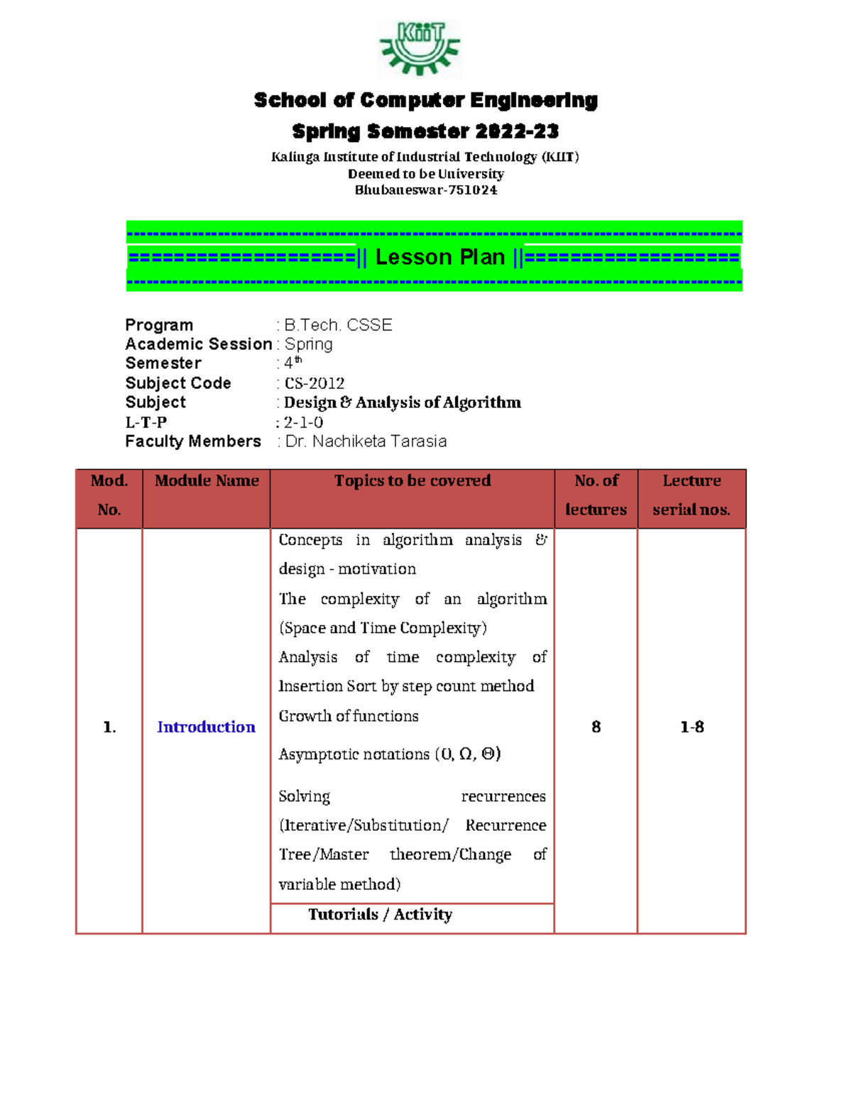 Lesson Plan DAA - Summary Data Structure & Algorithm - School of Computer Engineering Spring ...