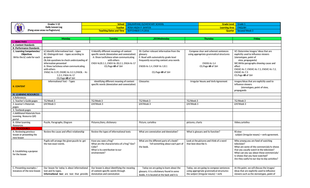 323982441 ENG 5 DLL Q2W3 5 - Grades 1- Daily Lesson Log (Pang-araw-araw na Pagtuturo) School ...