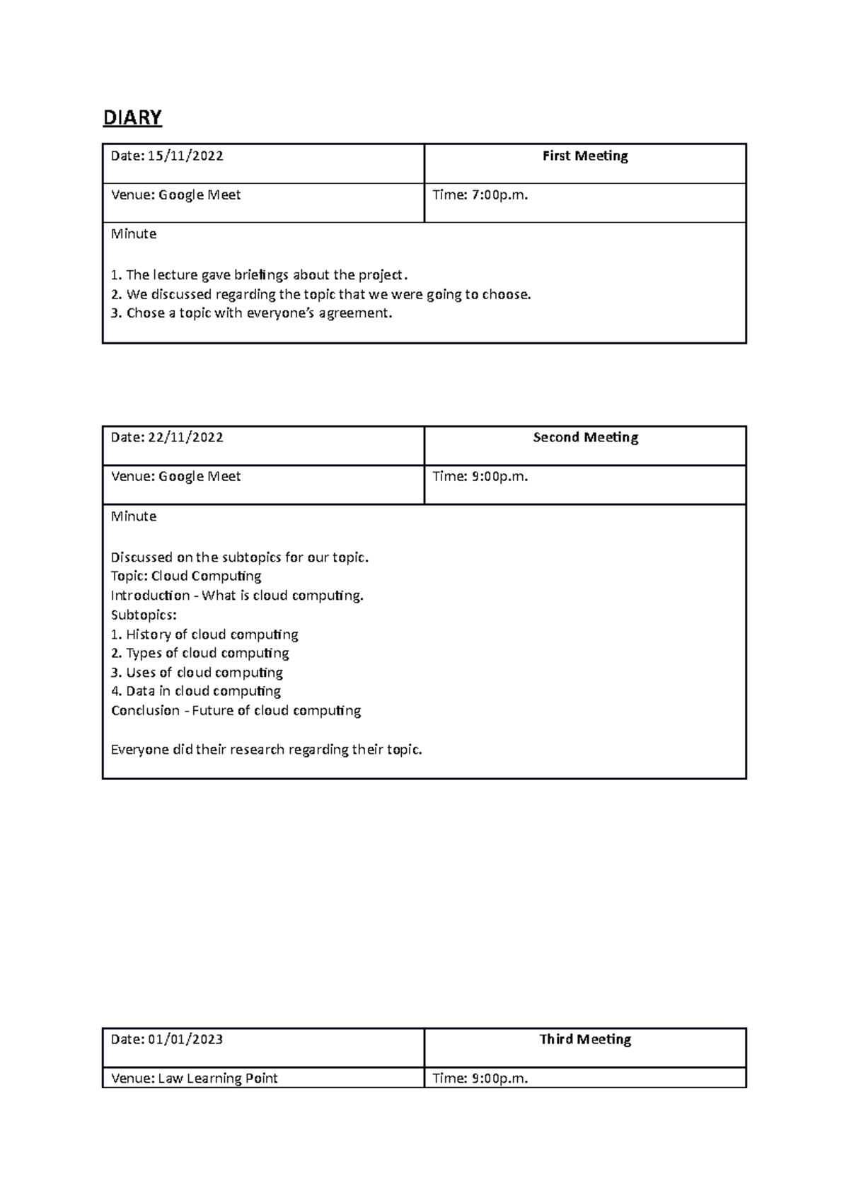 Project Diary - ... - DIARY Date: 15/11/2022 First Meeting Venue ...