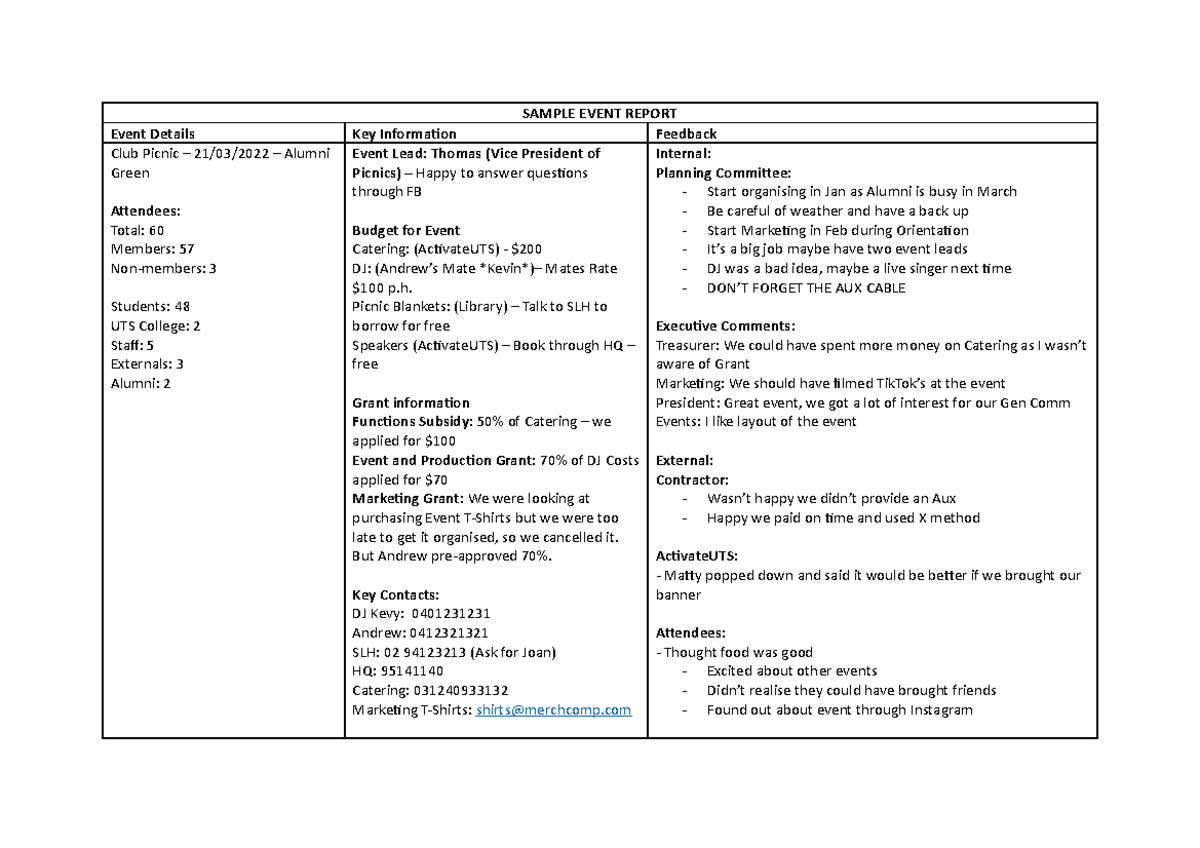 Sample- Event- Report - SAMPLE EVENT REPORT Event Details Key ...