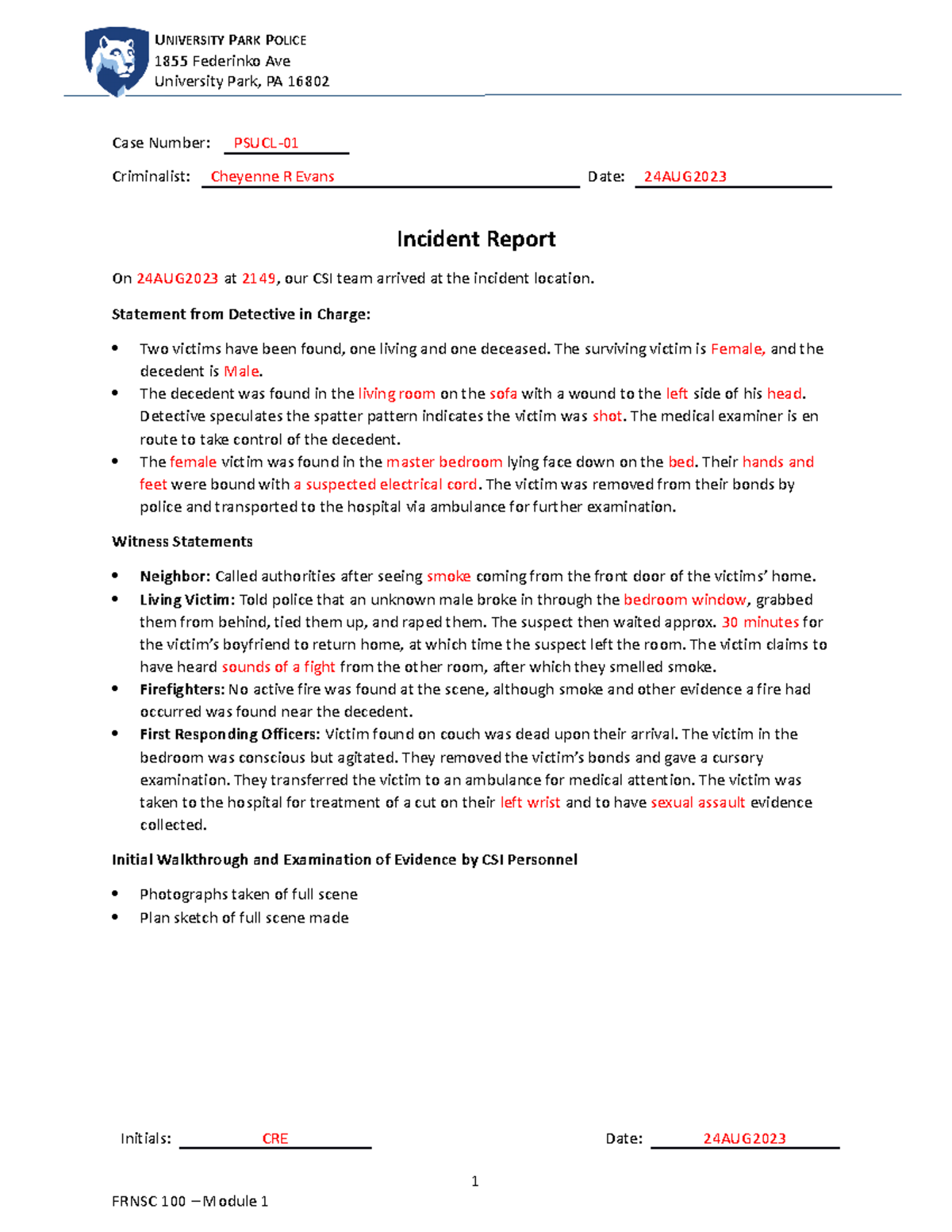 Case Notes number 1 - UNIVERSITY PARK POLICE 1855 Federinko Ave ...