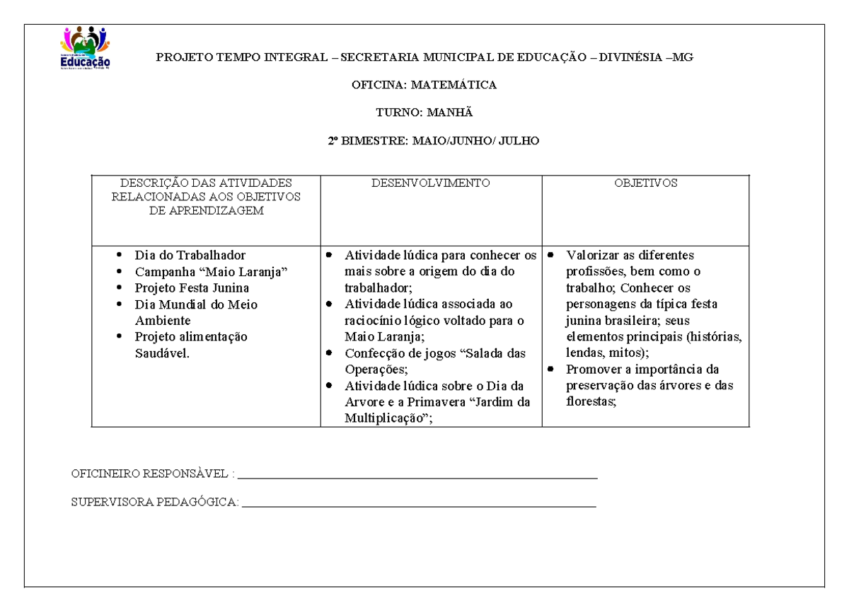 Planilha - 2º Bimestre Matemática - PROJETO TEMPO INTEGRAL – SECRETARIA ...