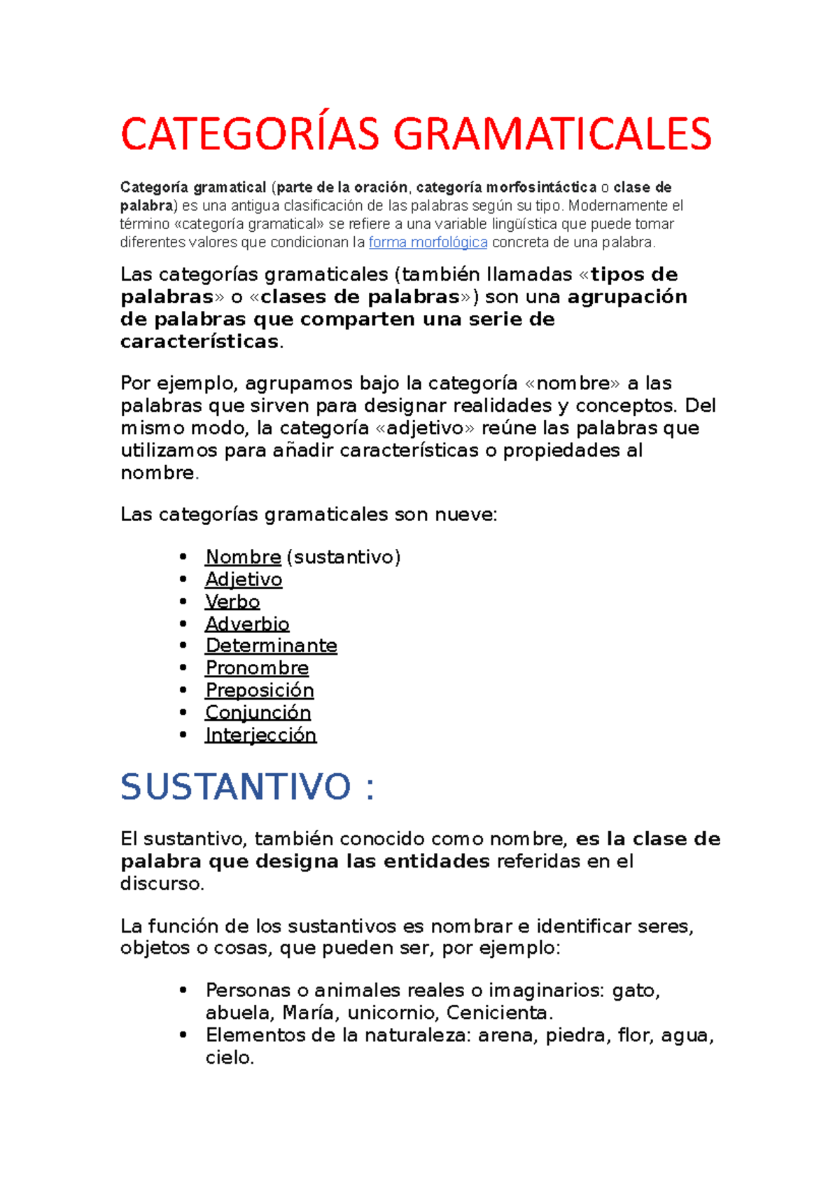 Categorías Gramaticales - CATEGORÍAS GRAMATICALES Categoría gramatical ...