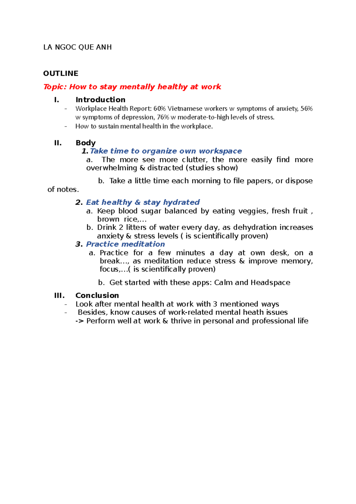 La Ngọc Quế Anh-outline - LA NGOC QUE ANH OUTLINE Topic: How to stay ...