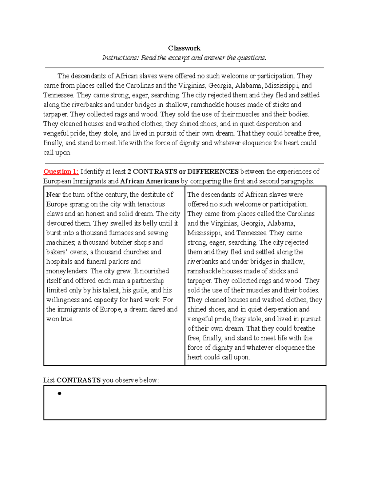 Kyle Skyers - Classwork 4 7 - Classwork Instructions: Read the excerpt and answer the questions ...