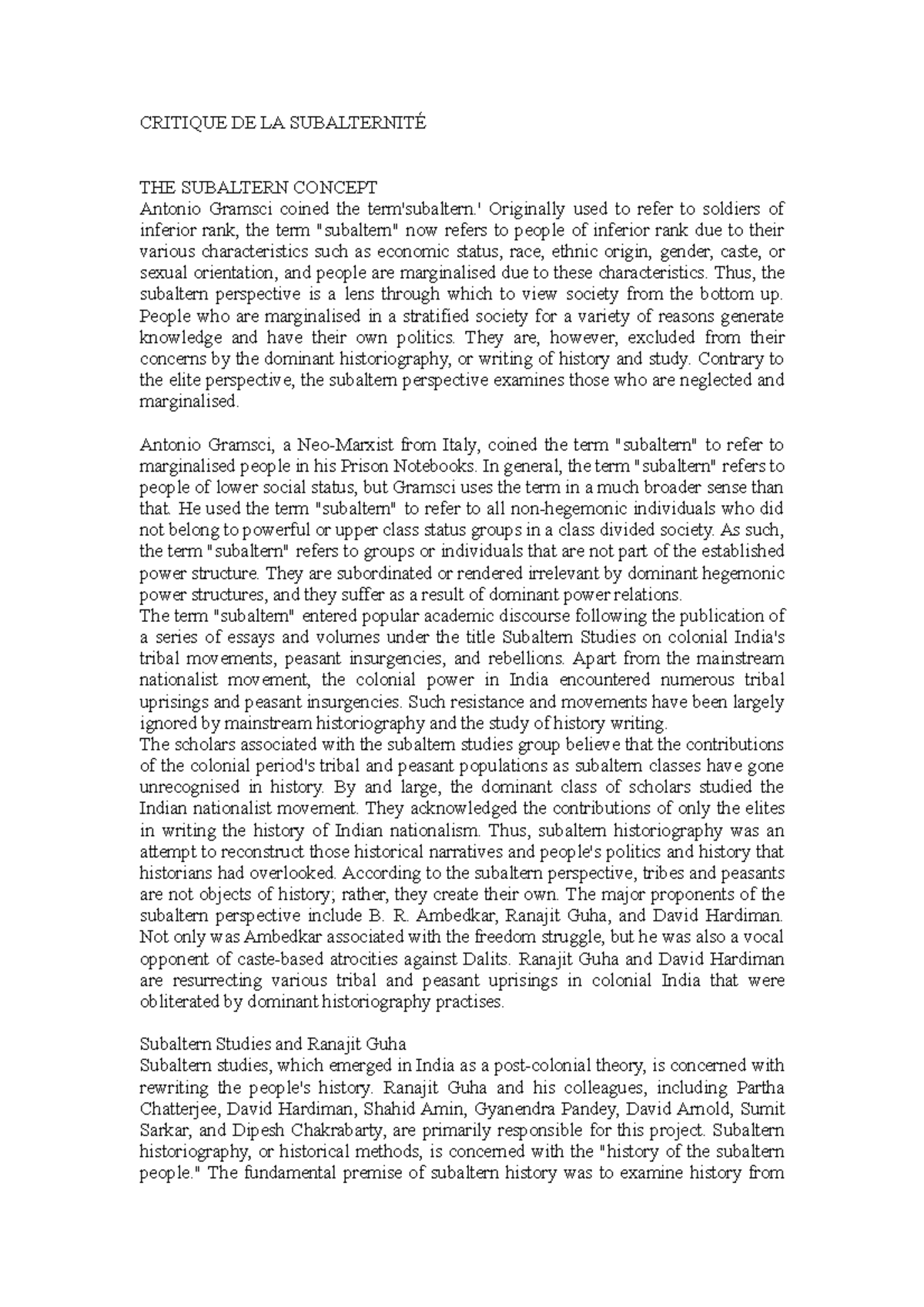 Critique DE LA Subalternité - CRITIQUE DE LA SUBALTERNITÉ THE SUBALTERN ...