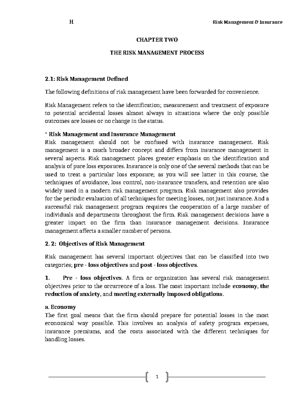 Ch 2 R - Note - CHAPTER TWO THE RISK MANAGEMENT PROCESS 2: Risk ...