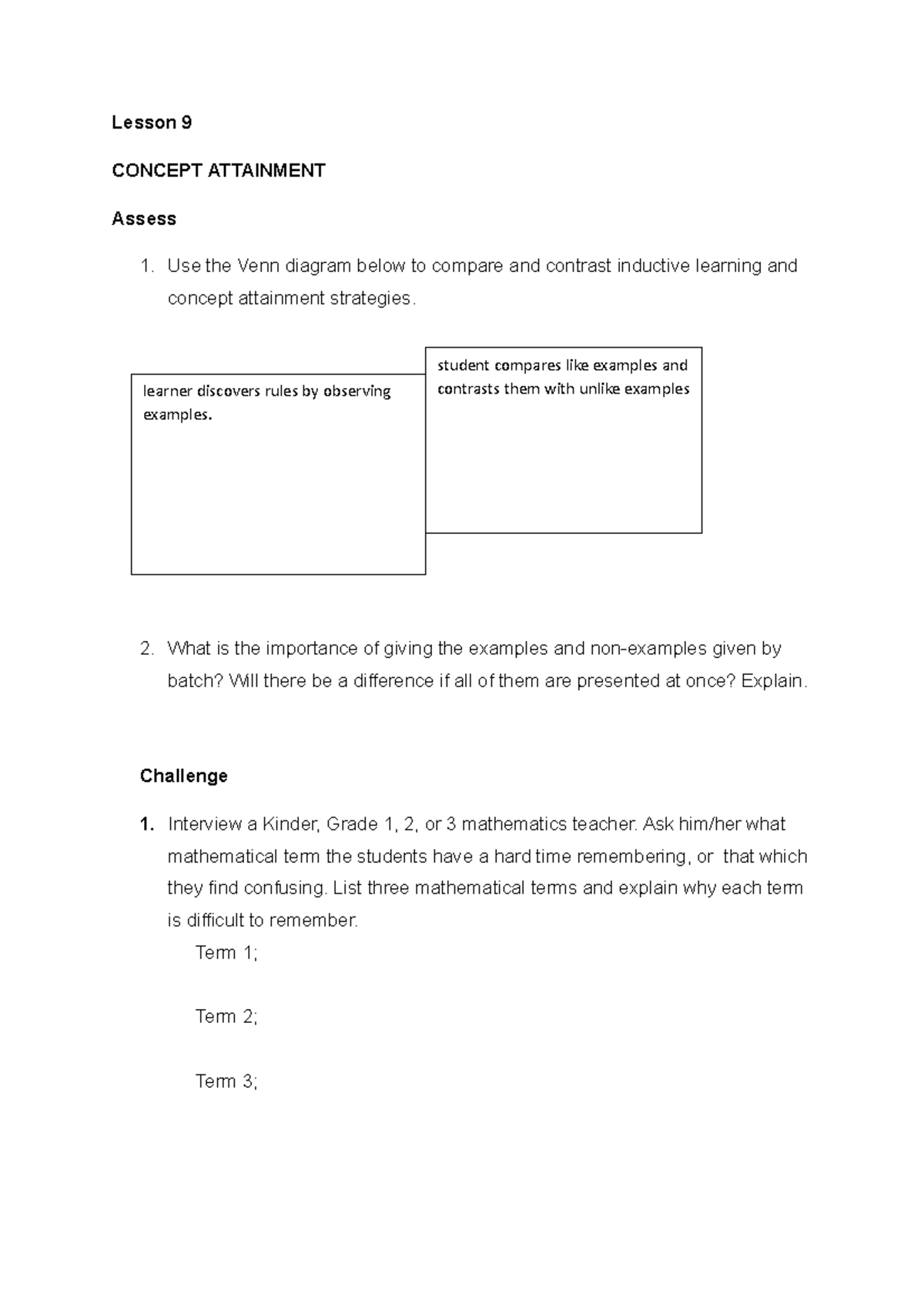 EDMT-grouping - PERSONAL ASSIGNMENT - Lesson 9 CONCEPT ATTAINMENT Assess Use the Venn diagram ...