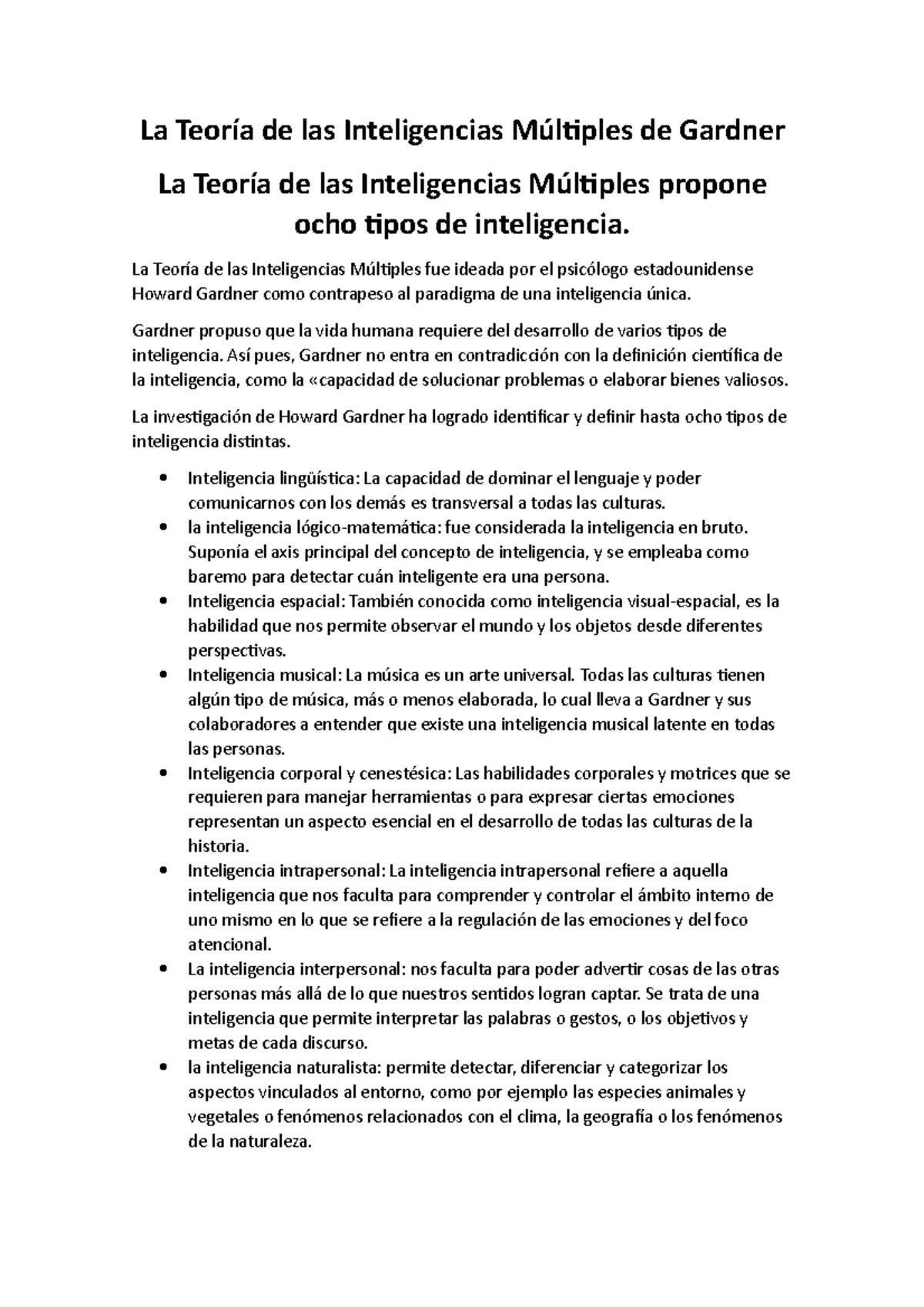 La Teoría de las Inteligencias Múltiples de Gardner - La Teoría de las ...