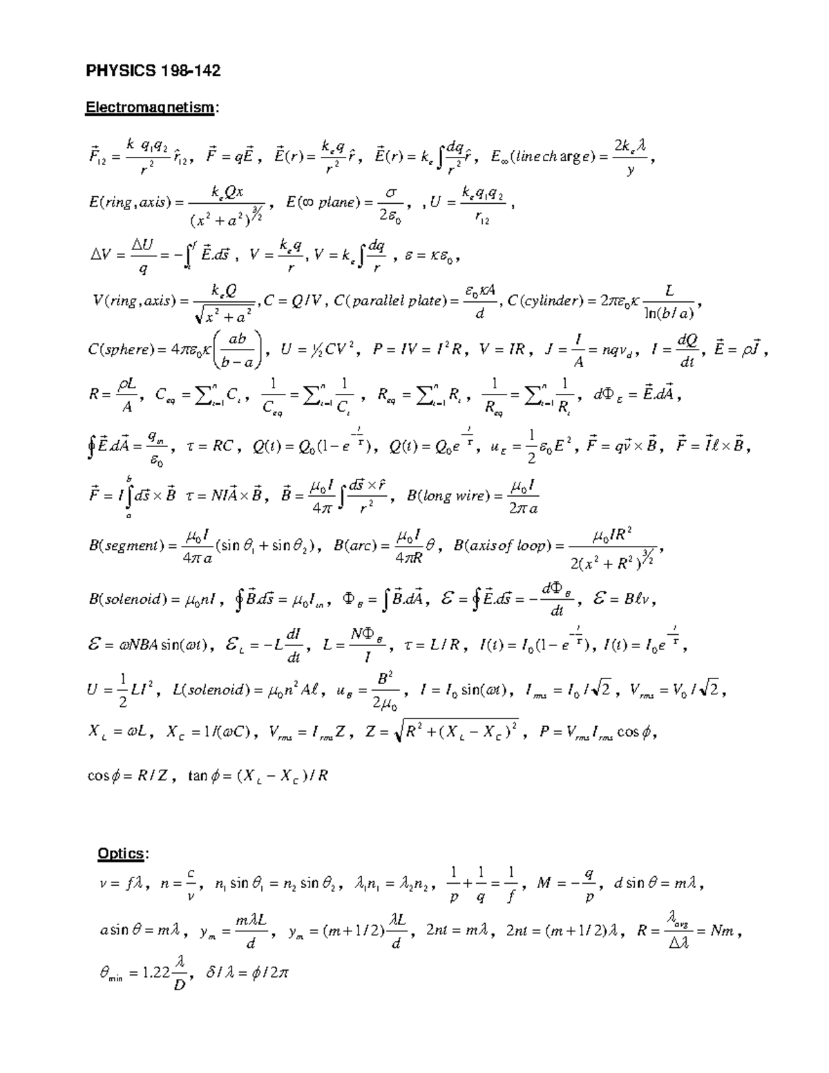 Formula Sheet For Final and No.39;1080C5 - PHYSICS 198 ...