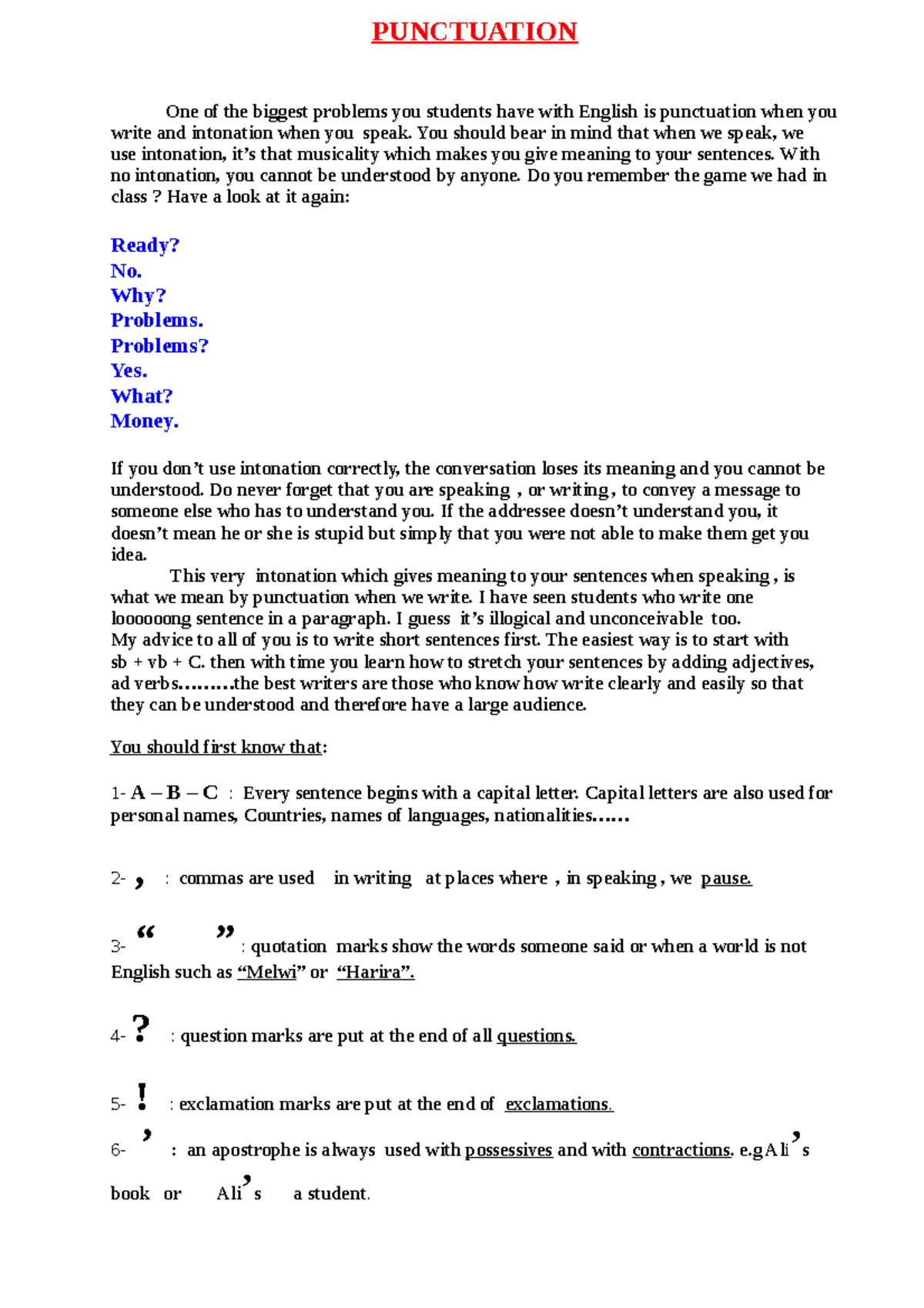 Grammar - ghjk - PUNCTUATION One of the biggest problems you students ...