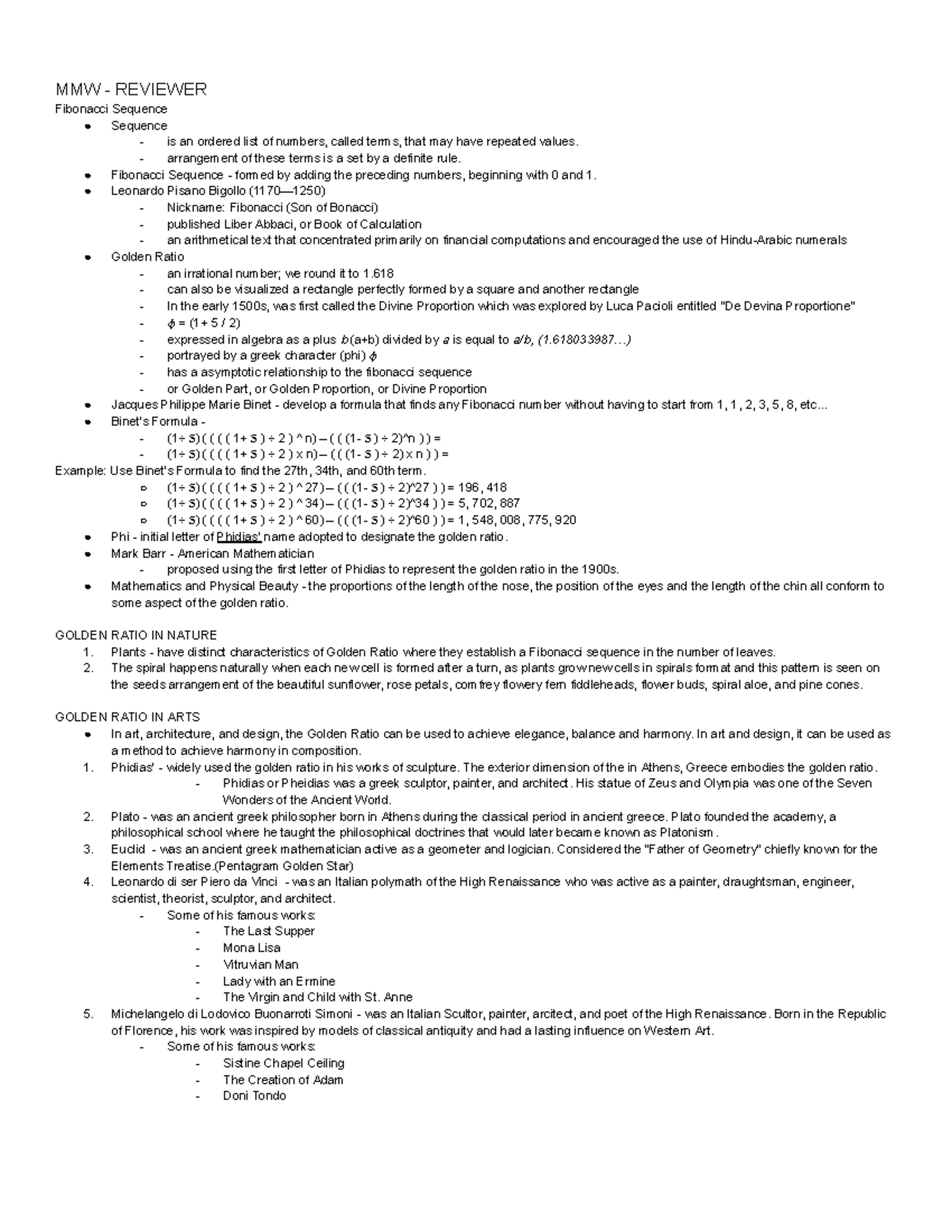 MMW- Reviewer - MMW - REVIEWER Fibonacci Sequence Sequence - is an ...