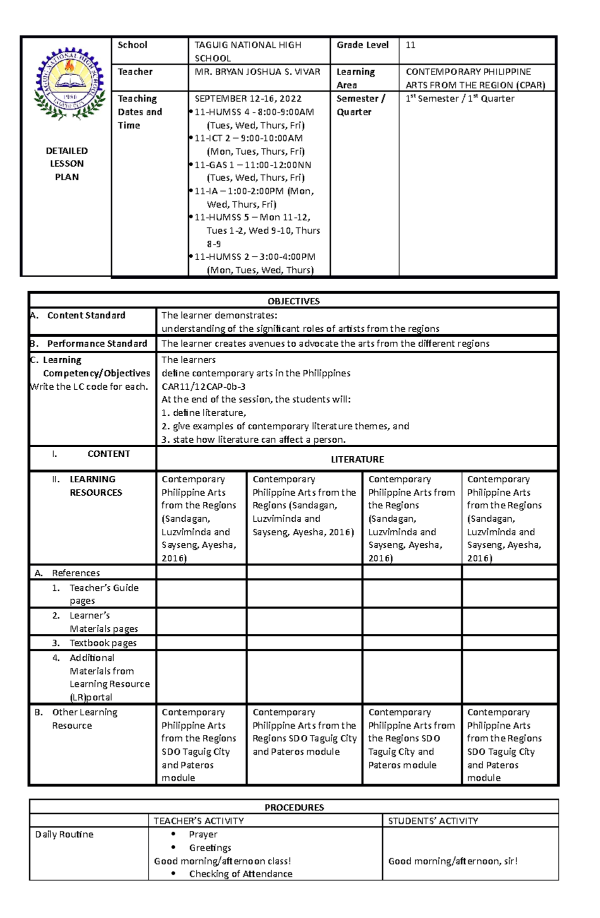 CPAR W3 D2 - cpar lp - DETAILED LESSON PLAN School TAGUIG NATIONAL HIGH ...