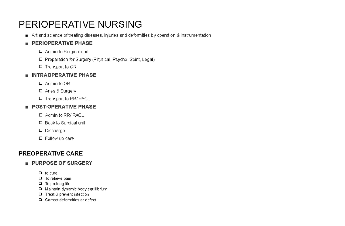 CA Periop - PERIOPERATIVE NURSING Art and science of treating diseases ...