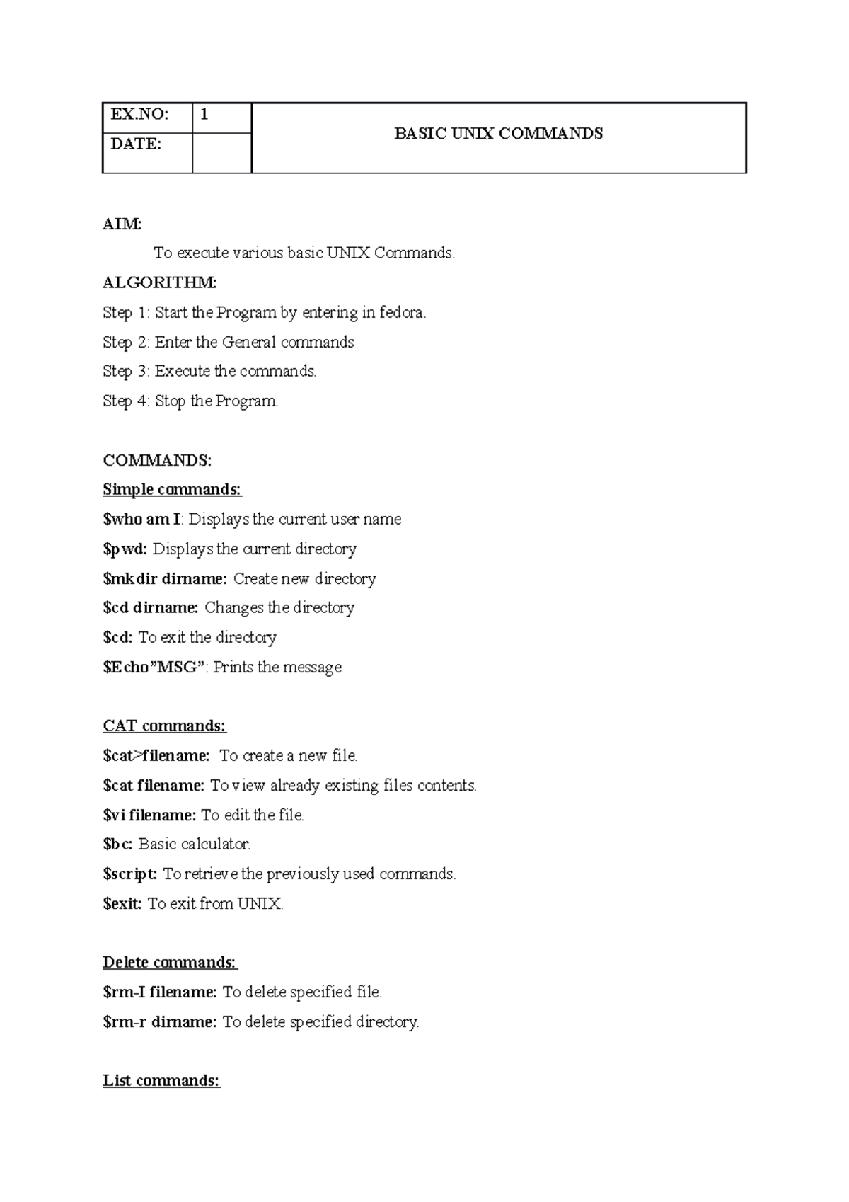 1682927708172 Manual - dryj - EX: 1 BASIC UNIX COMMANDS DATE: AIM: To execute various basic UNIX ...