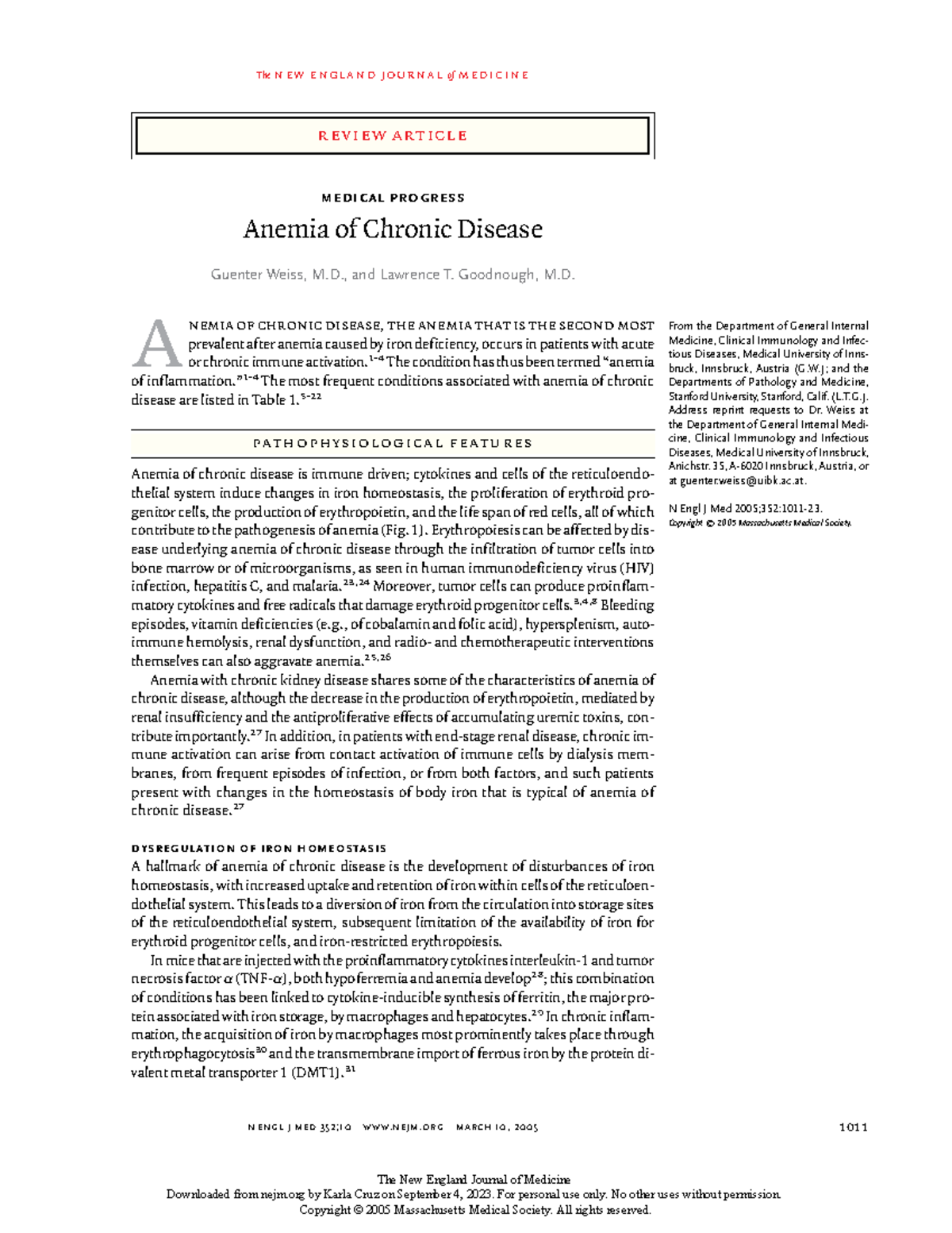 anemia cronica hematología - n engl j med 352;10 nejm march 10, 2005 ...